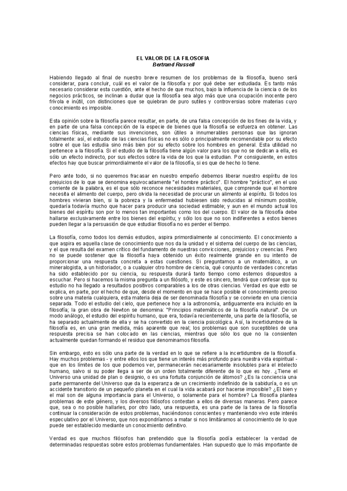 El valor de la filosofia - EL VALOR DE LA FILOSOFIA Bertrand Russell ...