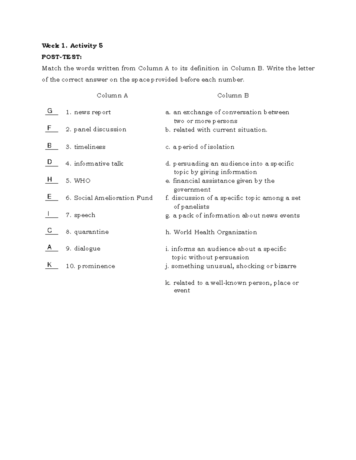 Week 1.post test - Answers for activity - Week 1. Activity 5 POST-TEST ...