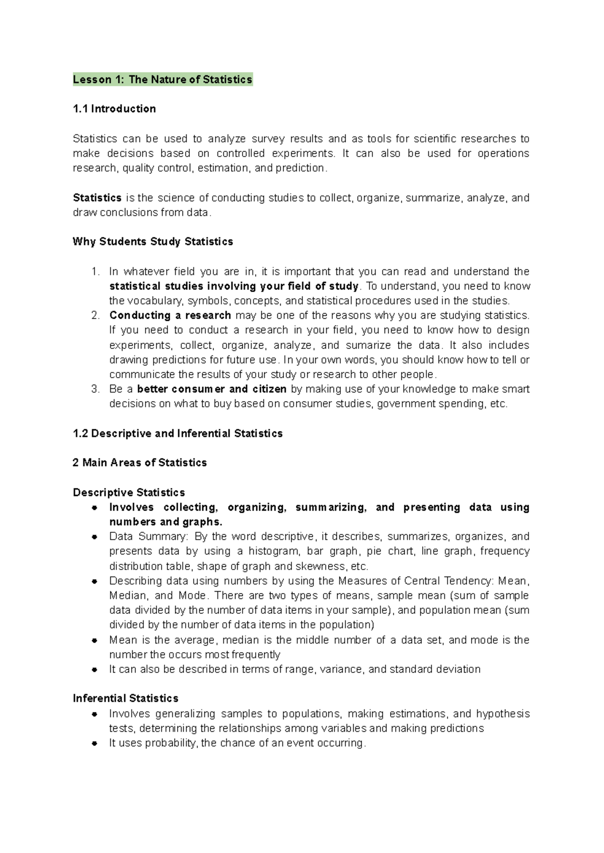 Advanced Statistics Notes - Lesson 1: The Nature of Statistics 1 ...