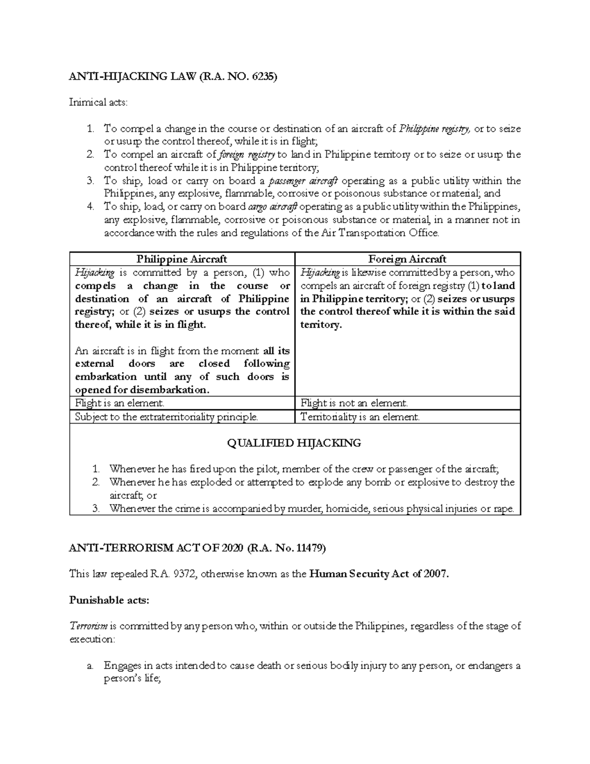 Anti Hijacking and Anti Terrorism - ANTI-HIJACKING LAW (R. NO. 6235 ...