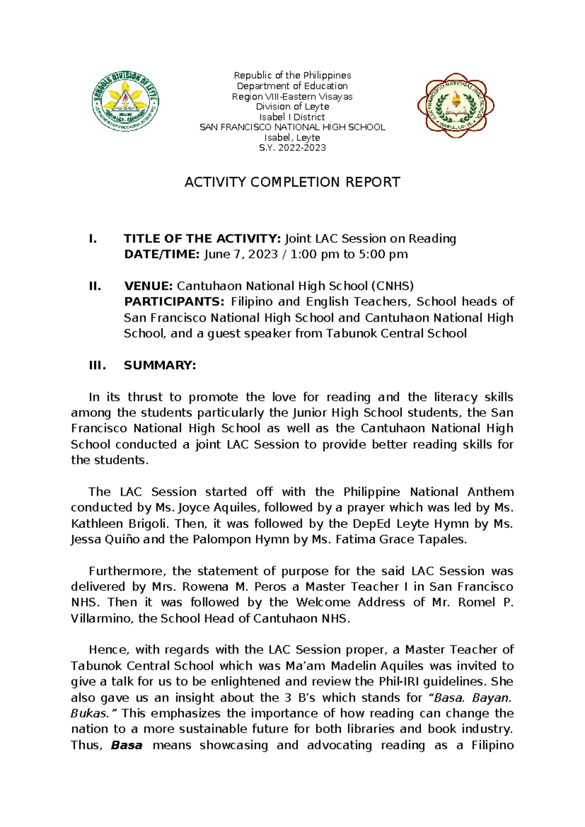 ACR - Joint LAC Session - Activity Completion Reports - Republic of the ...