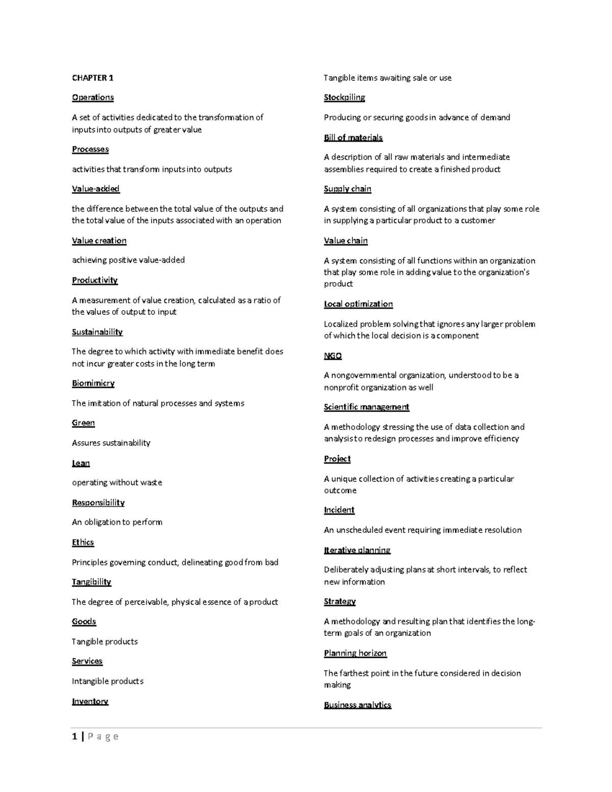 Chapter 1-10 Operational Management - CHAPTER 1 Operations A set of ...
