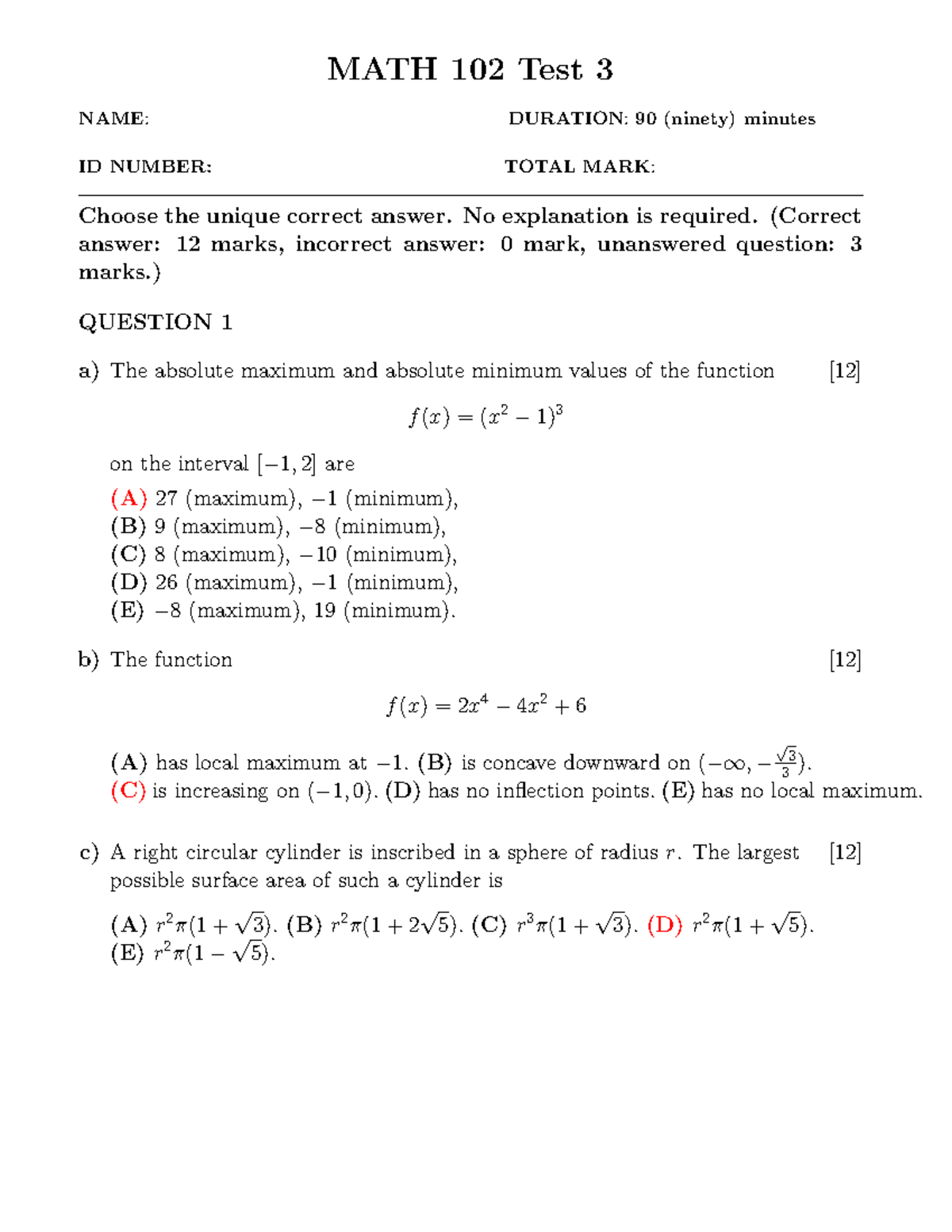 MATH102 Test3 25 - test - MATH 102 Test 3 NAME: DURATION: 90 (ninety ...