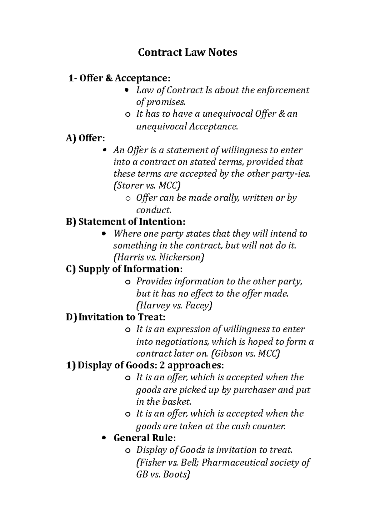 Contract Law Notes - from sir asif - Contract Law Notes 1- Offer ...