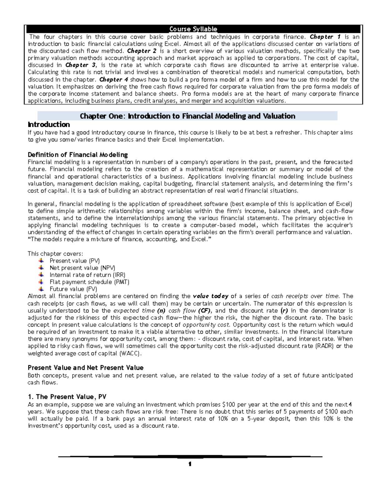 Chapter 1 (F modeling) - Chapter One: Introduction to Financial Modeling and Valuation ...