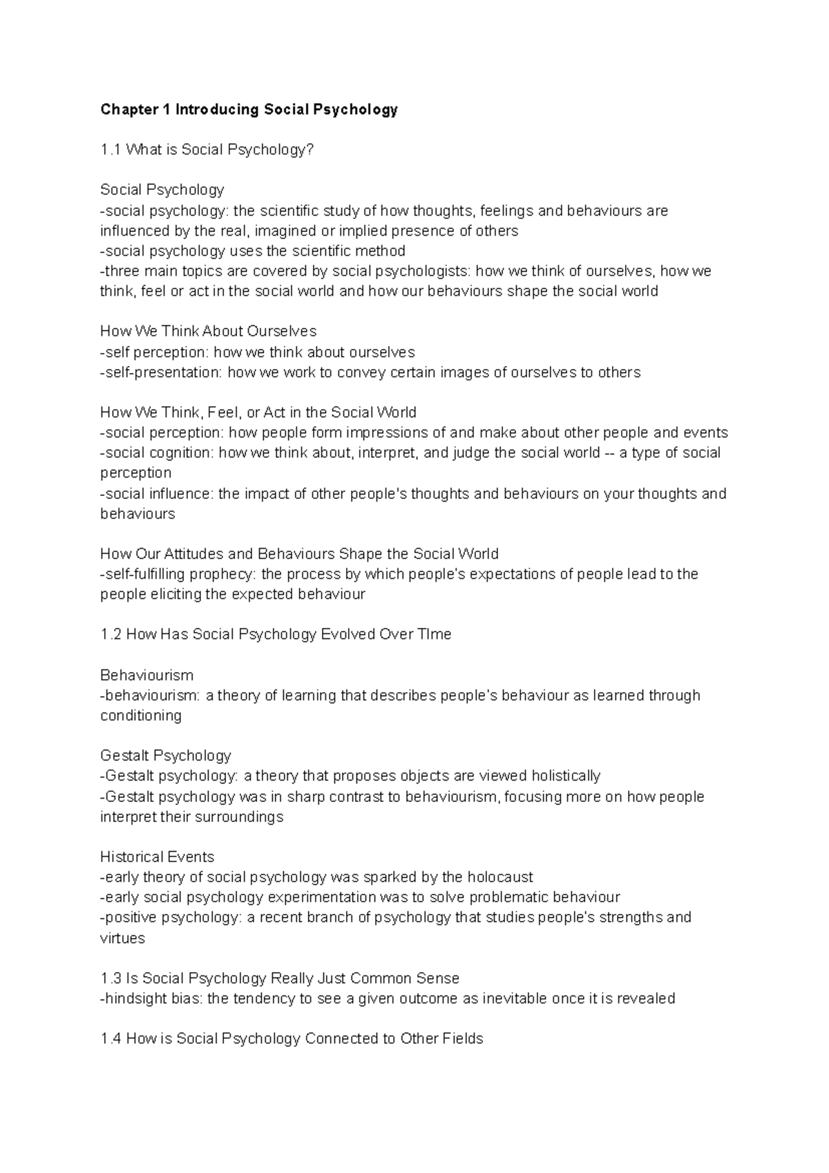 Chapter 1 Study Notes - Chapter 1 Introducing Social Psychology 1 What ...