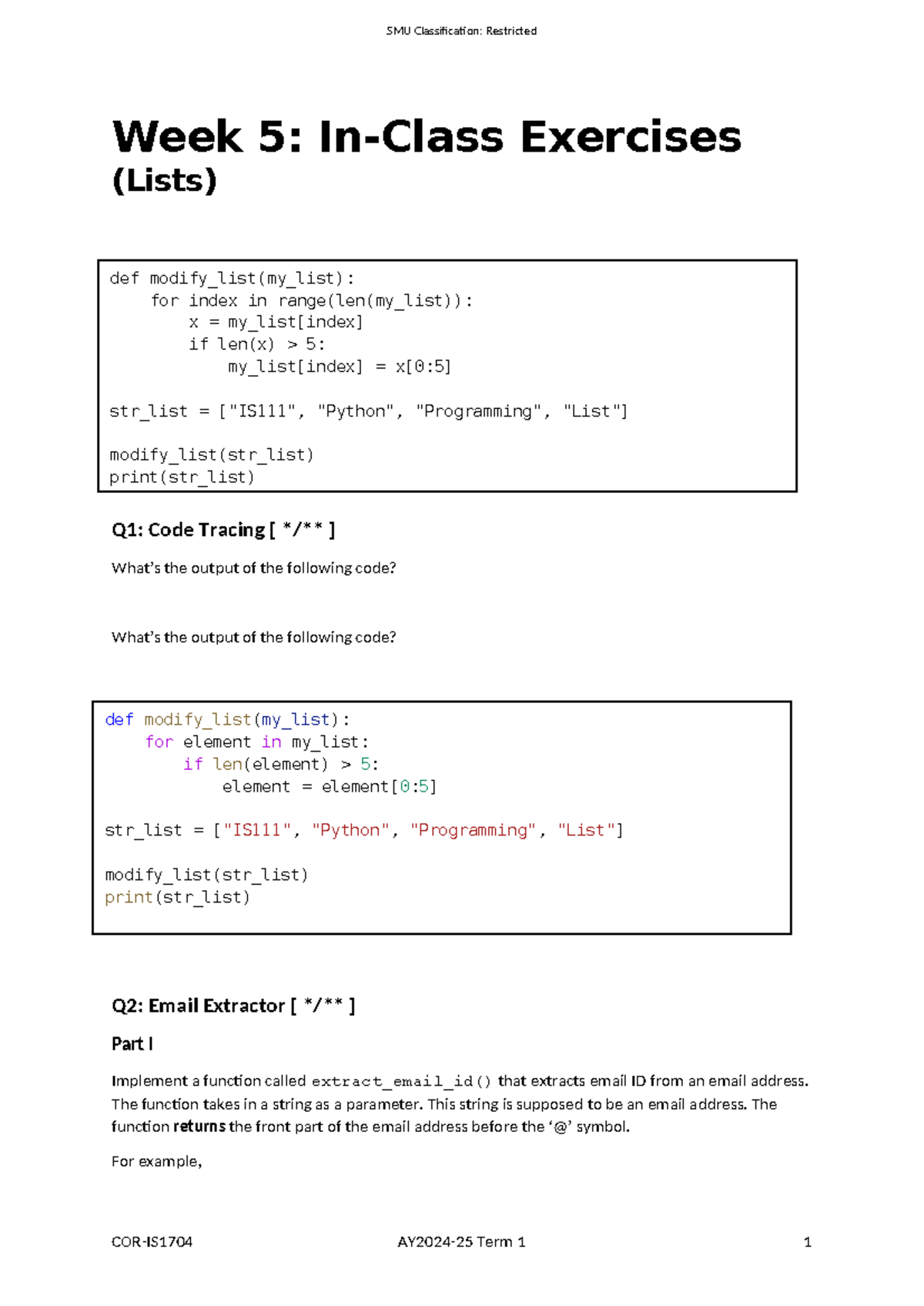 5. In-Class Exercises - Week 5: In-Class Exercises (Lists) Q1: Code ...