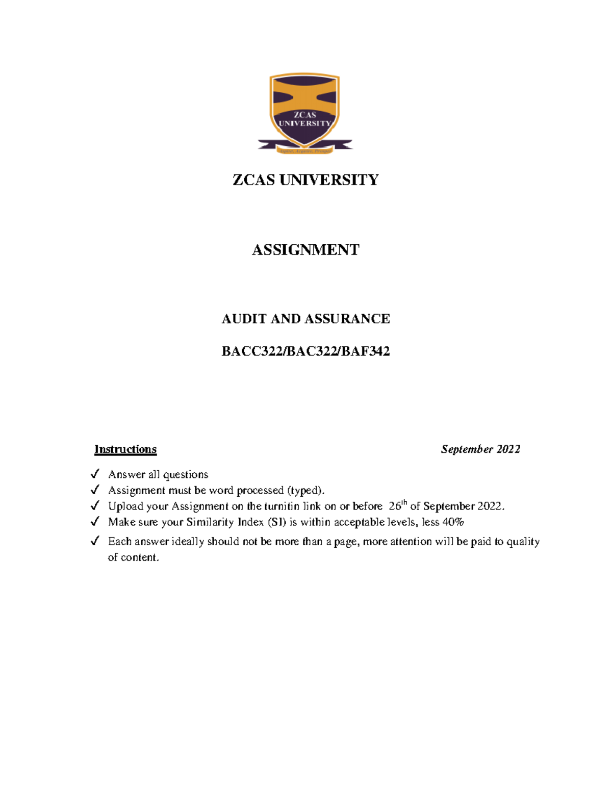 Audit Assignment September 2022 Final - ZCAS UNIVERSITY ASSIGNMENT ...