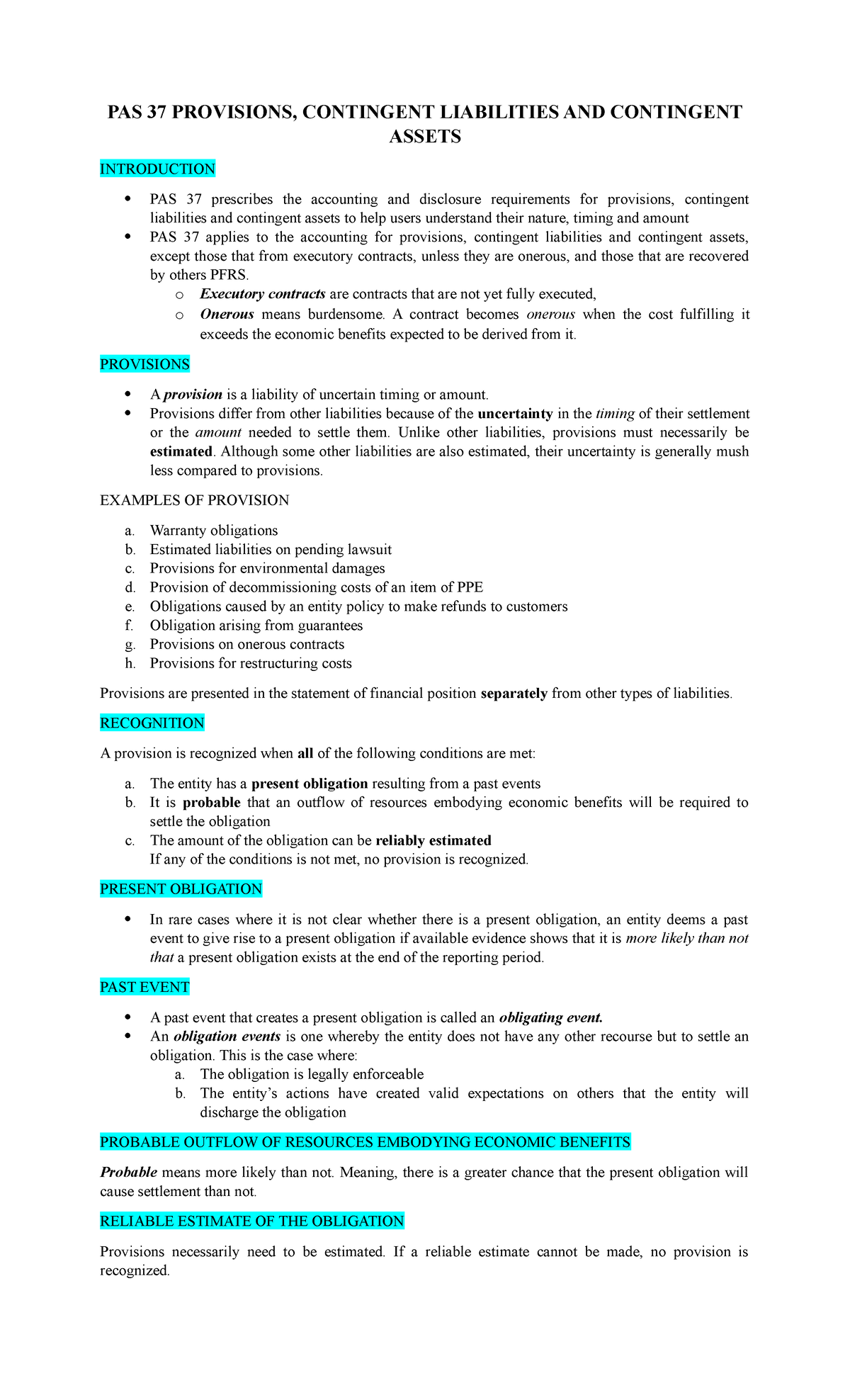 PAS 37 Provisions, Contingent Liabilities AND Contingent Assets - PAS ...
