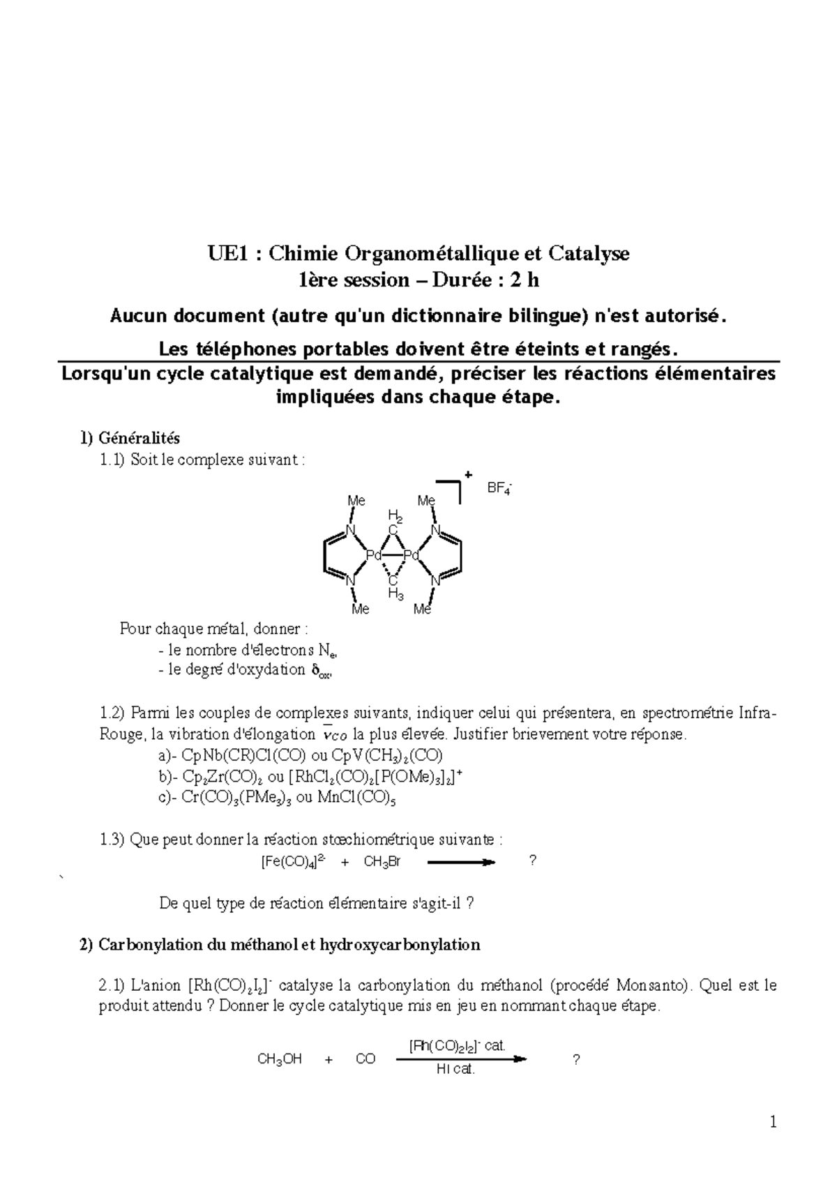 Contrôle corrigé 2 Chimie Organométallique et Catalyse - UE1 : Chimie Organométallique et ...