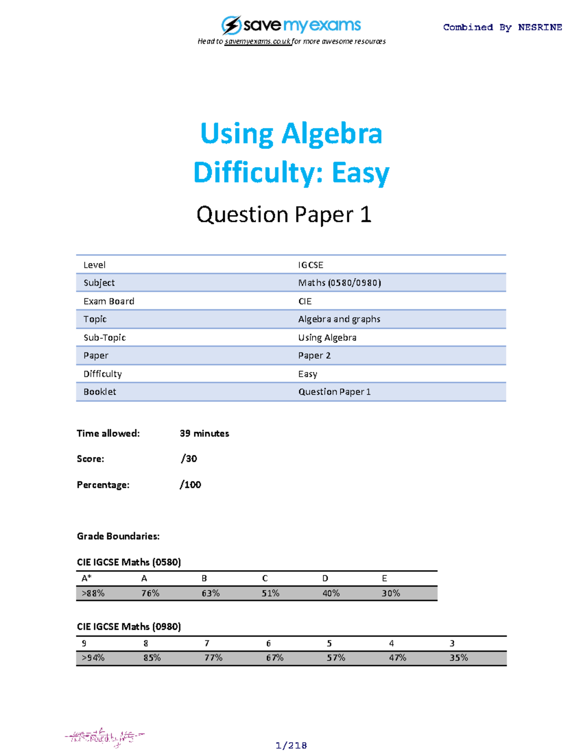 2.Nesrine-Algebra-QP-P2 4 - Head to savemyexams.co for more awesome resources Question Paper 1 ...