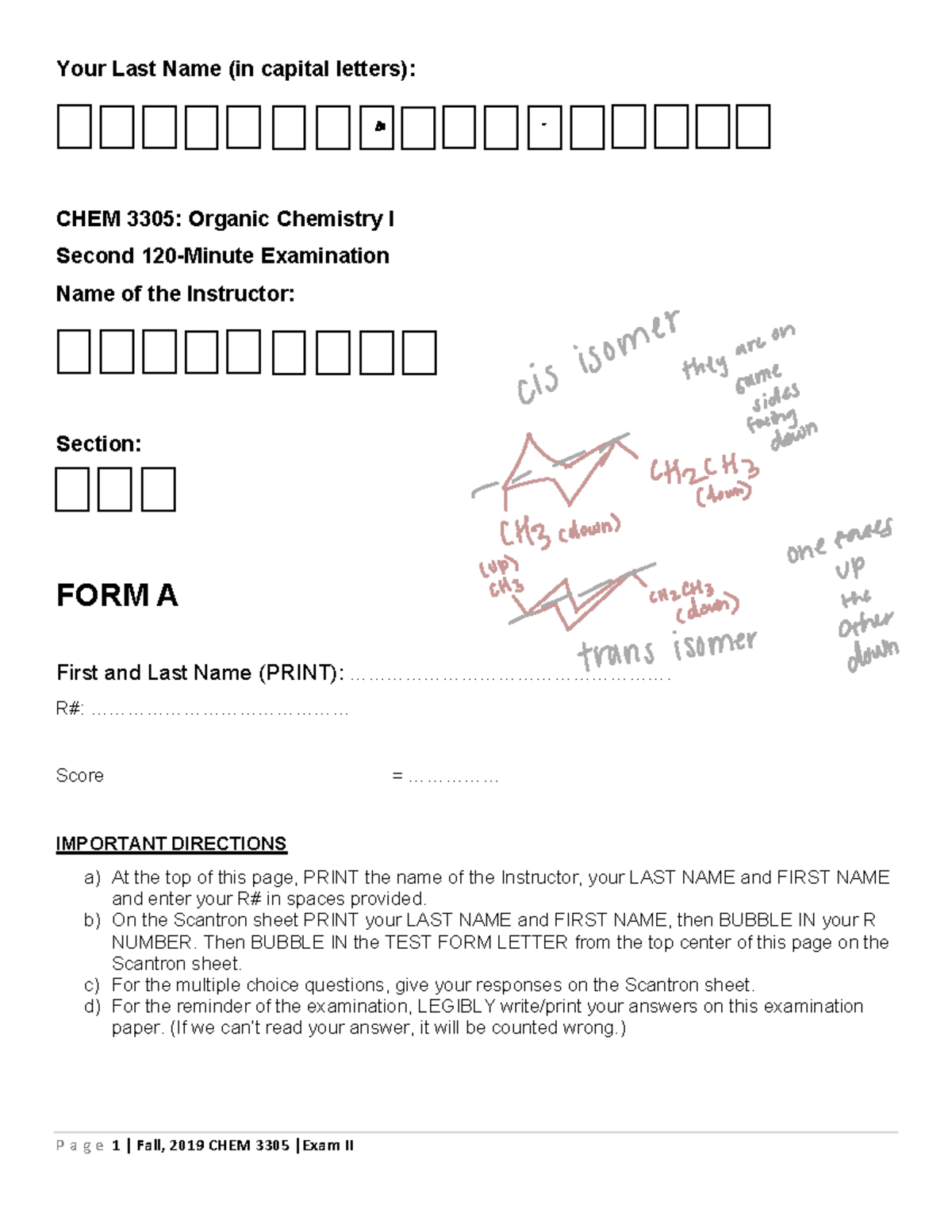 Exam 2 Form A - Organic Chemistry I - Your Last Name (in capital ...
