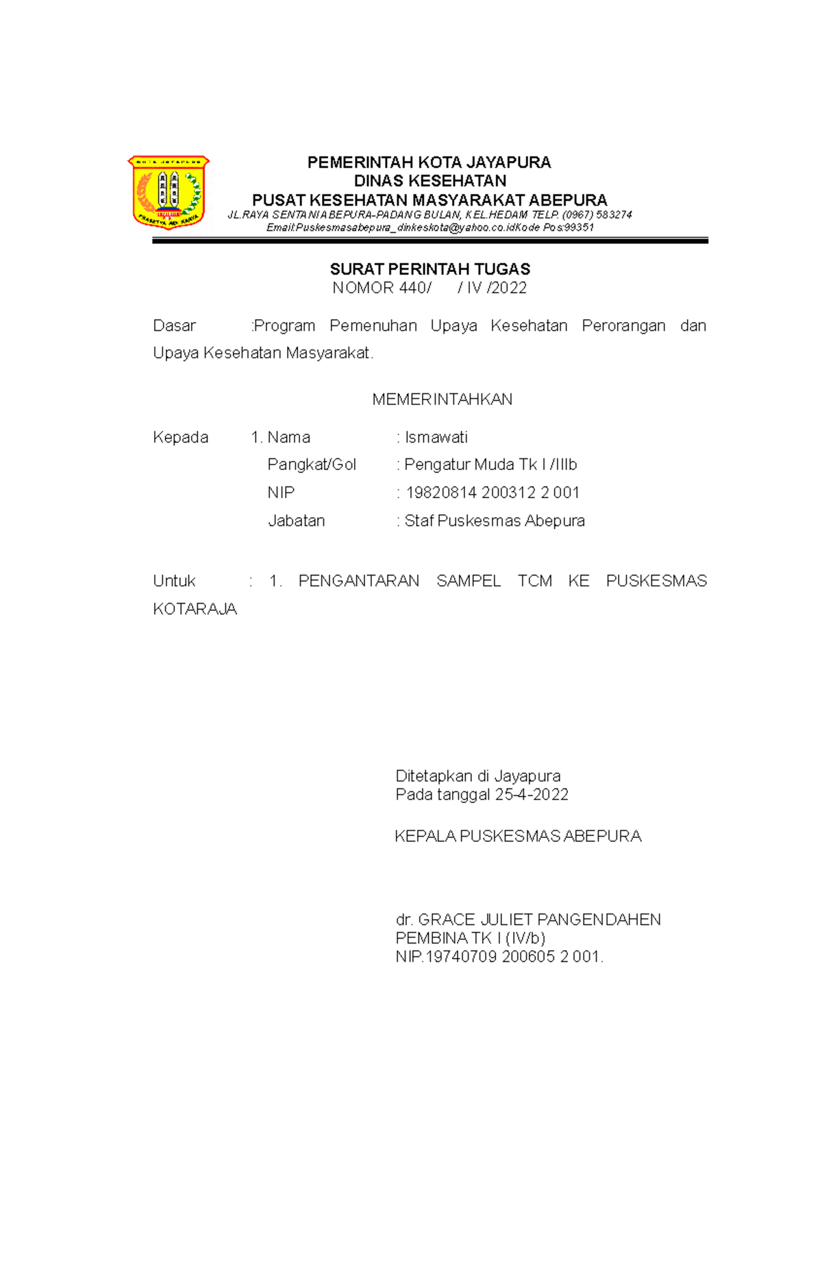 Contoh SPT - spt - DINAS KESEHATAN PUSAT KESEHATAN MASYARAKAT ABEPURA JL SENTANI ABEPURA-PADANG ...