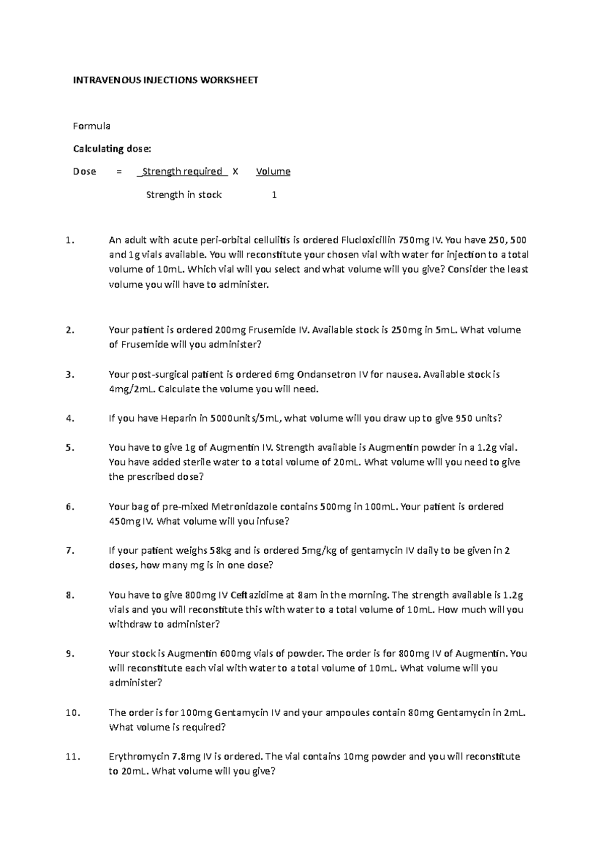 Intravenous Injections Worksheet - INTRAVENOUS INJECTIONS WORKSHEET ...
