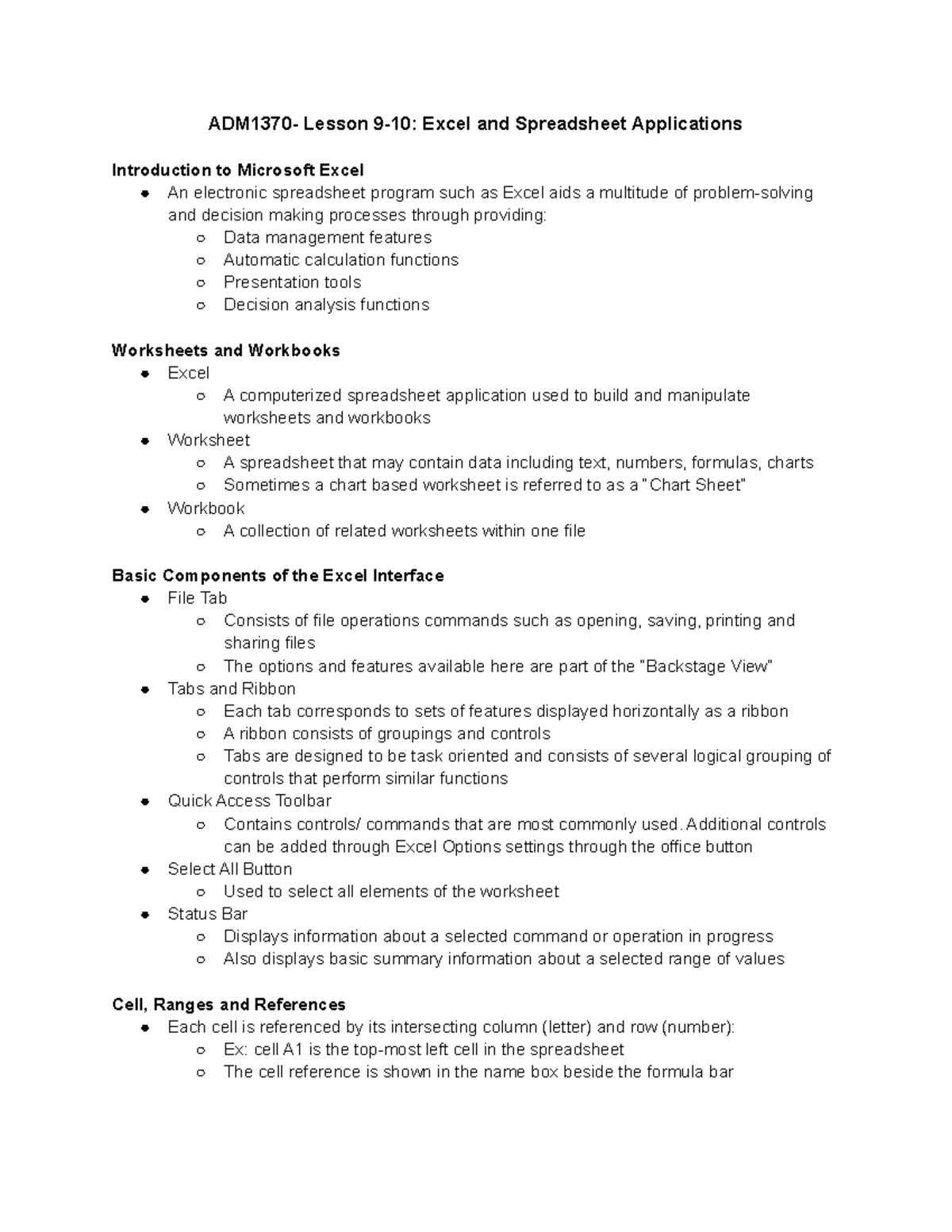 ADM1370- Lesson 9-10 Excel and Spreadsheet Applications - ADM1370 ...