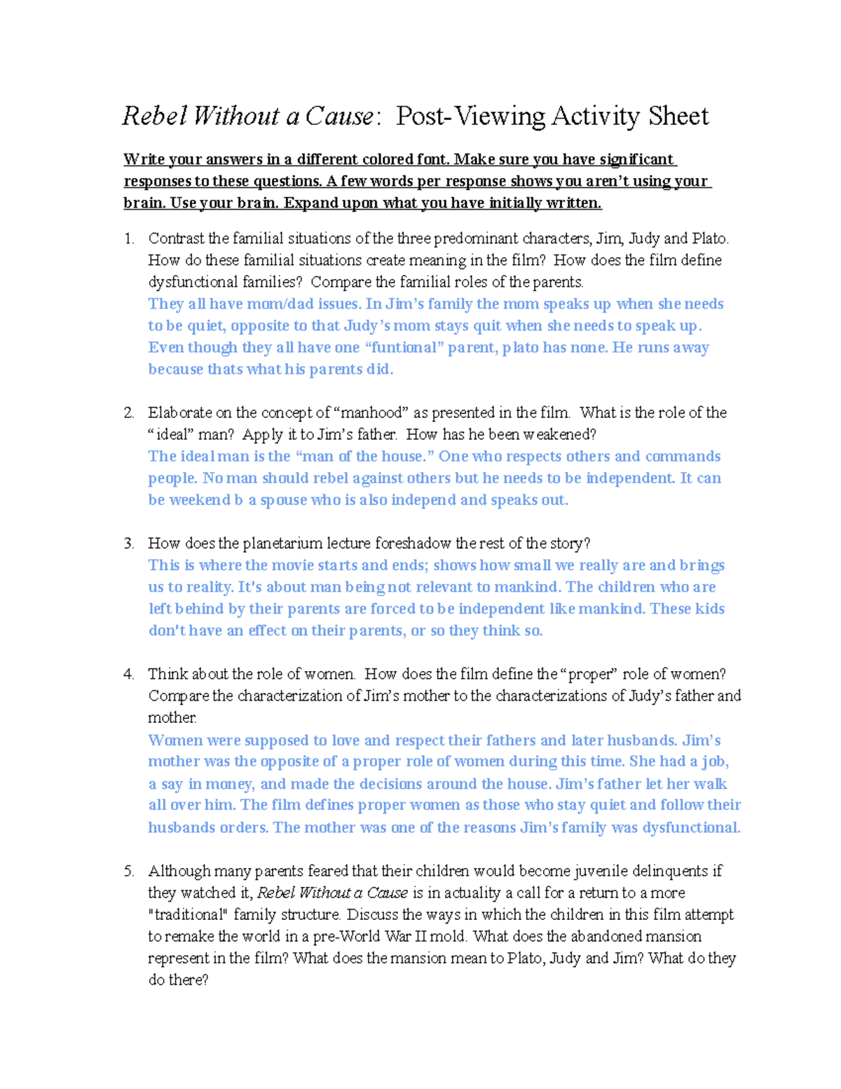 Rebel Without a Cause Post-Viewing Activity Sheet - Make sure you have ...