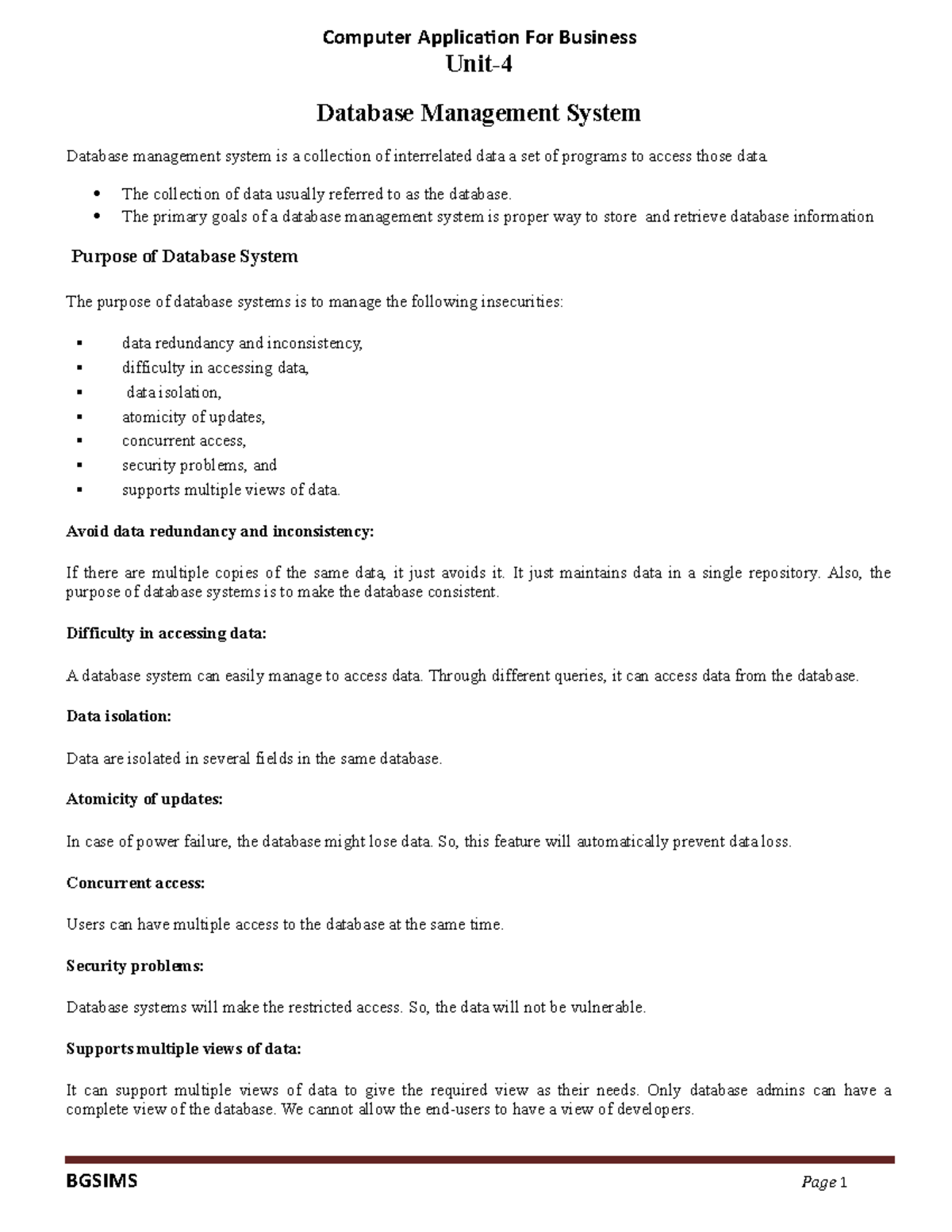 CAB - Unit- Database Management System Database management system is a collection of ...