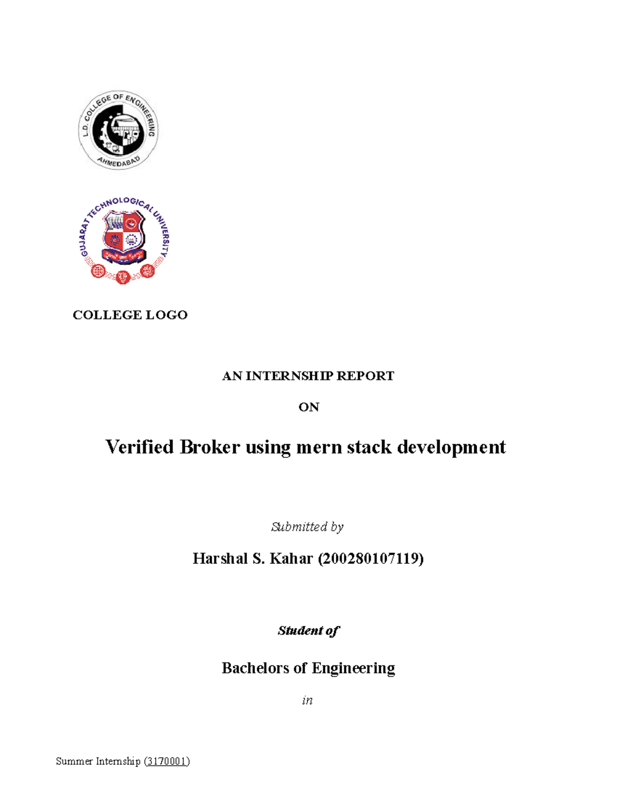 Internship report Harshal - COLLEGE LOGO AN INTERNSHIP REPORT ON ...