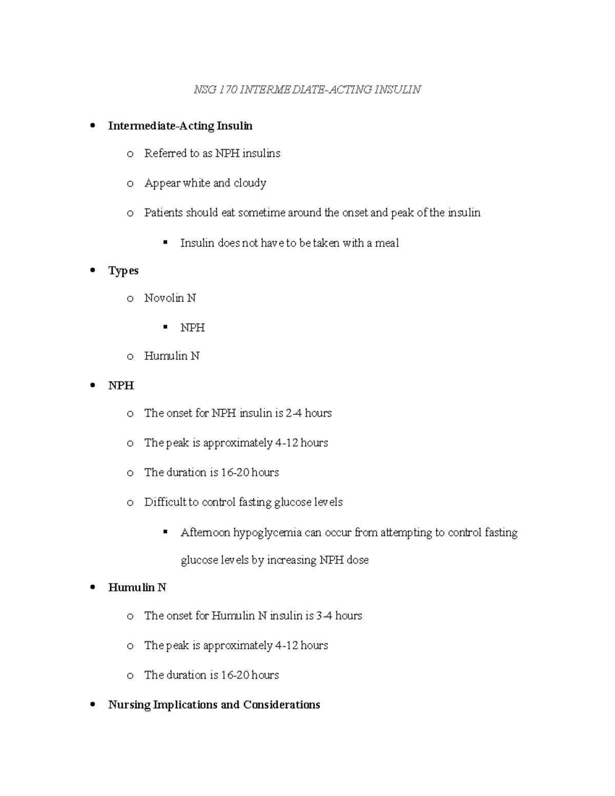 NSG 170 Intermediate Acting Insulin - NSG 170 INTERMEDIATE-ACTING ...
