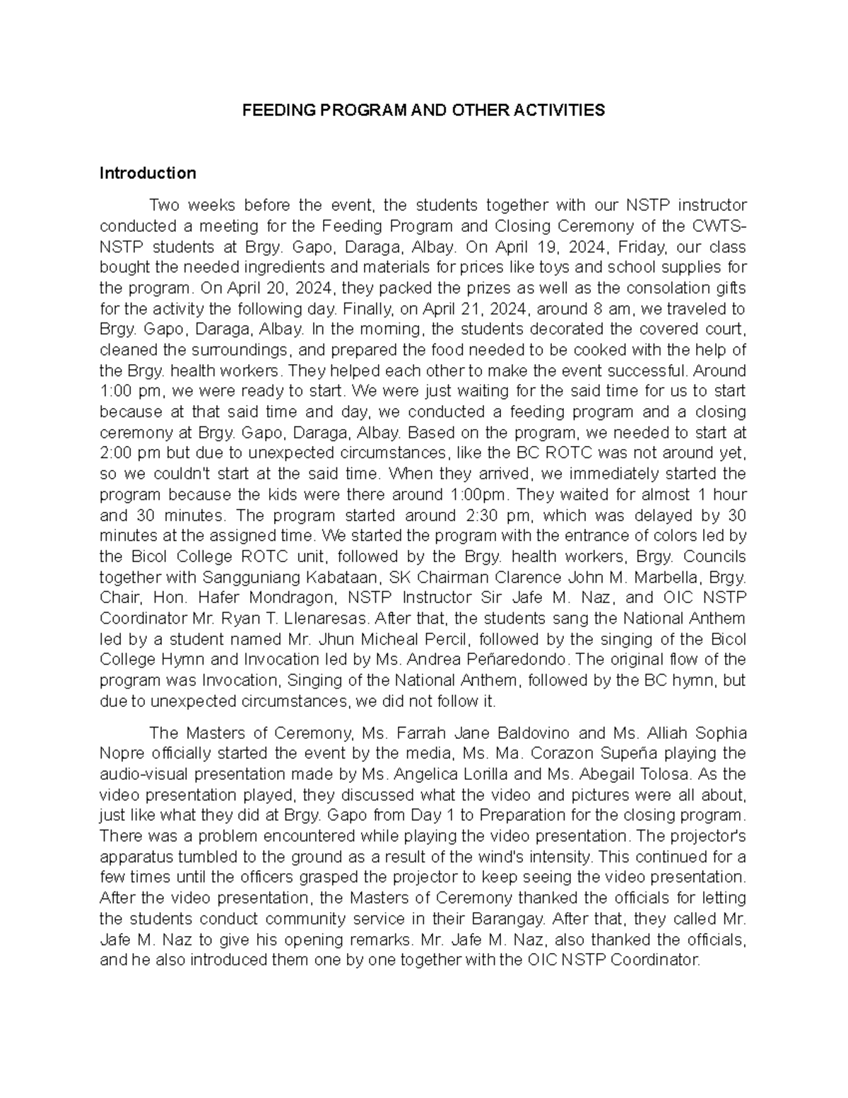 Lesson 14 rationale - FEEDING PROGRAM AND OTHER ACTIVITIES Introduction ...