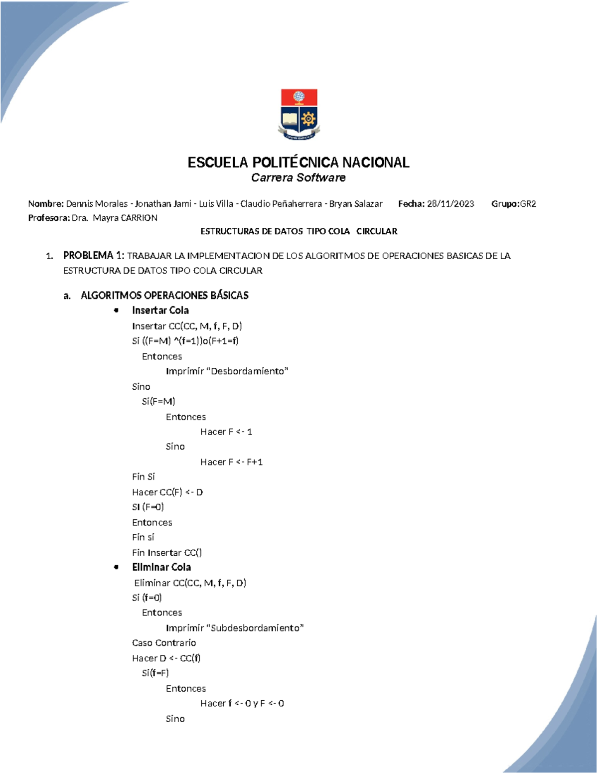 T7- IB EDA COLA Circular Opbas - ESCUELA POLITÉCNICA NACIONAL Carrera ...