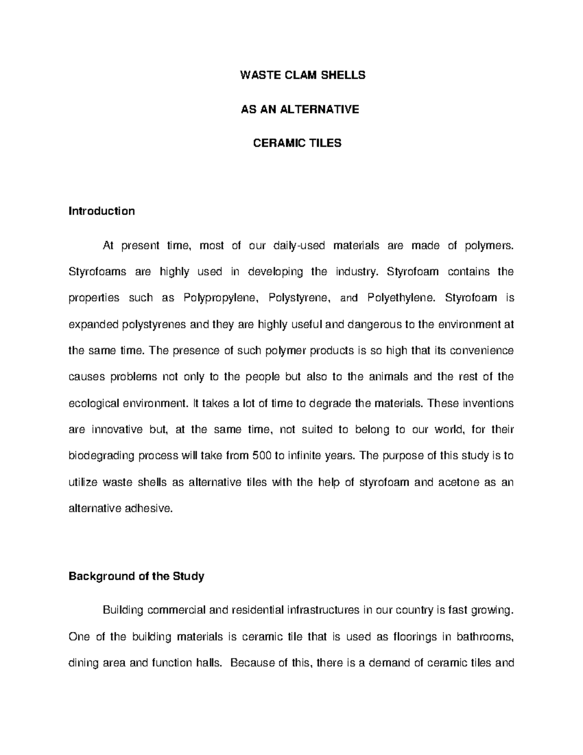 Pdfcoffee - This is our Research - WASTE CLAM SHELLS AS AN ALTERNATIVE ...