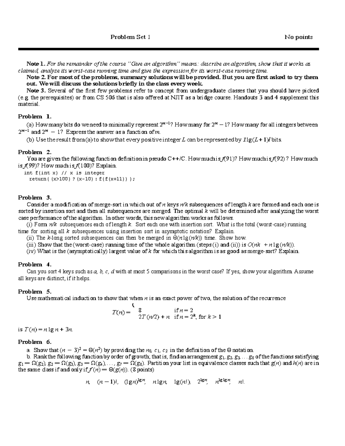 Problem-Set1 Solutions - Problem Set 1 No points Note 1. For the ...