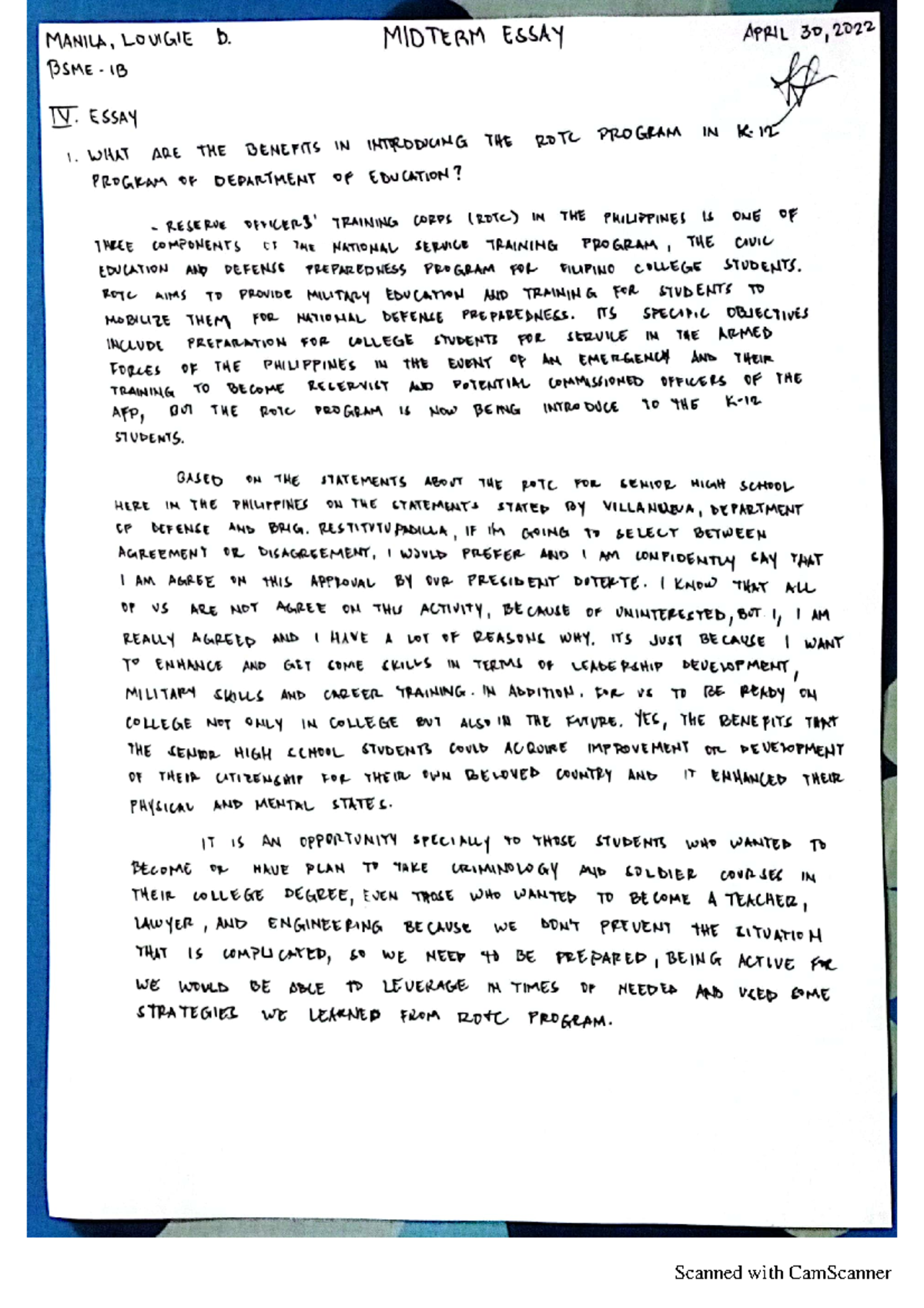 ROTC Midterm Essay - N/A - MANILA, LOUIGIE b. MIDTERM ESSAY APRIL 30 ...