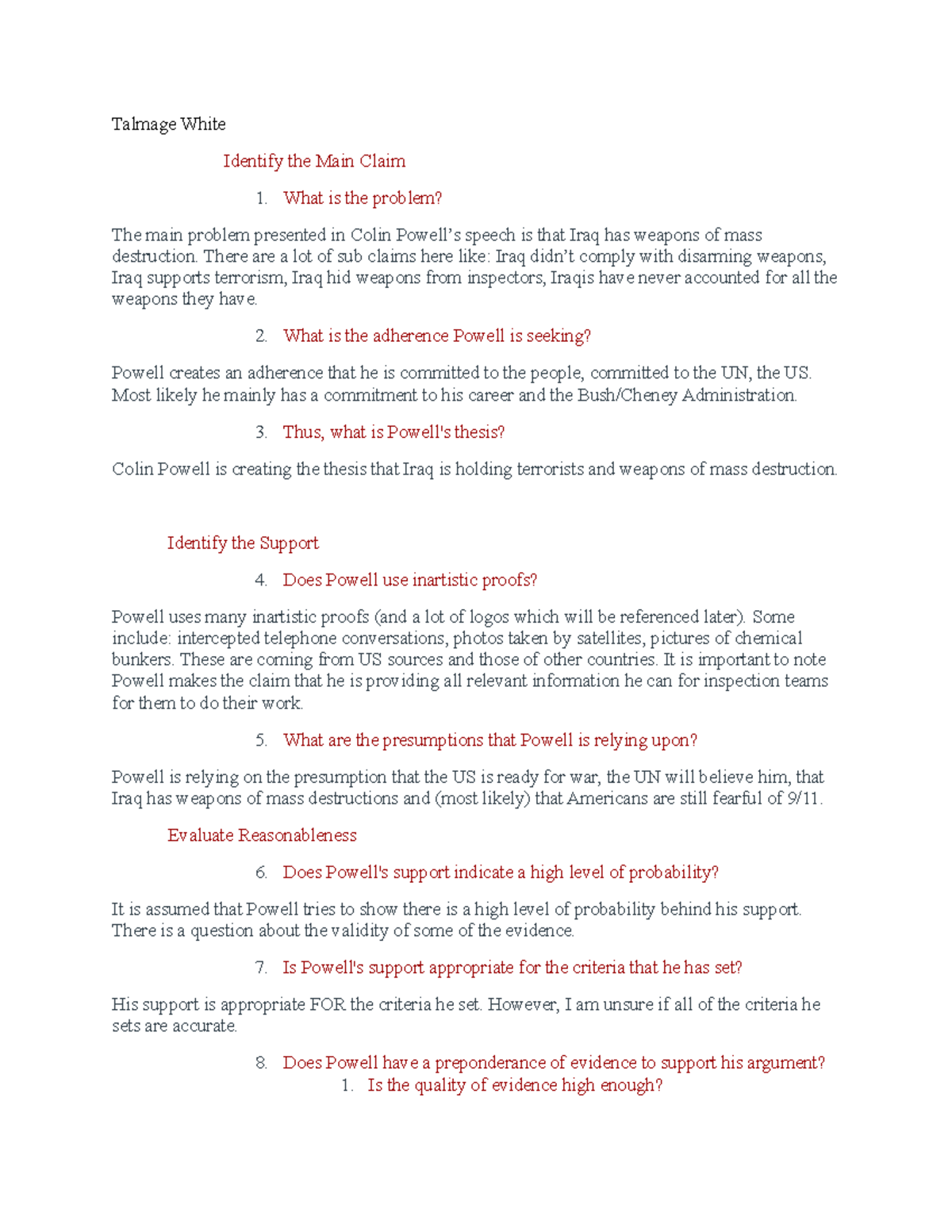 Colin Powell - Talmage White Identify the Main Claim 1. What is the ...