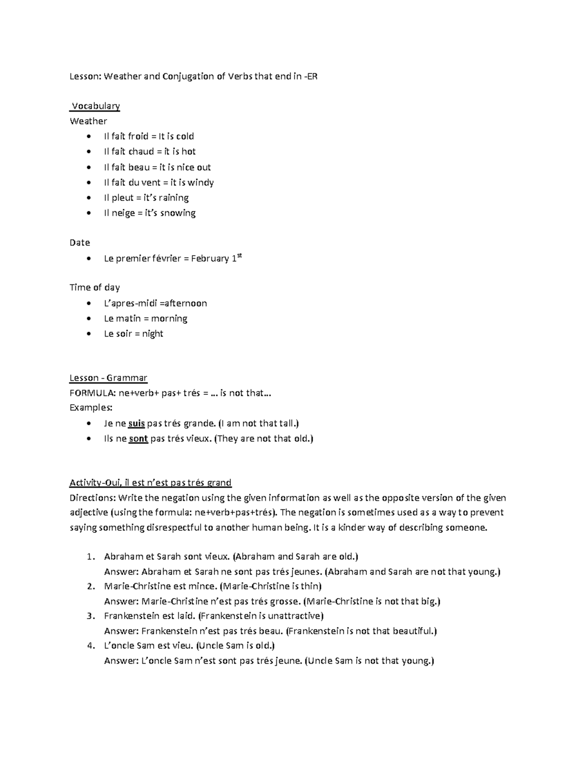French 101 - Weather and Conjugation of Verbs that end in -ER - Lesson ...