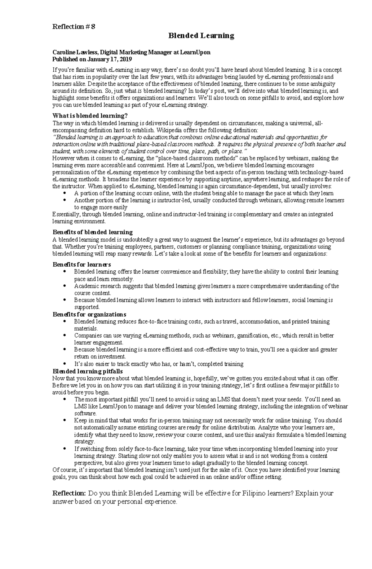 R8 What is Blended Learning - Reflection # 8 Blended Learning Caroline ...