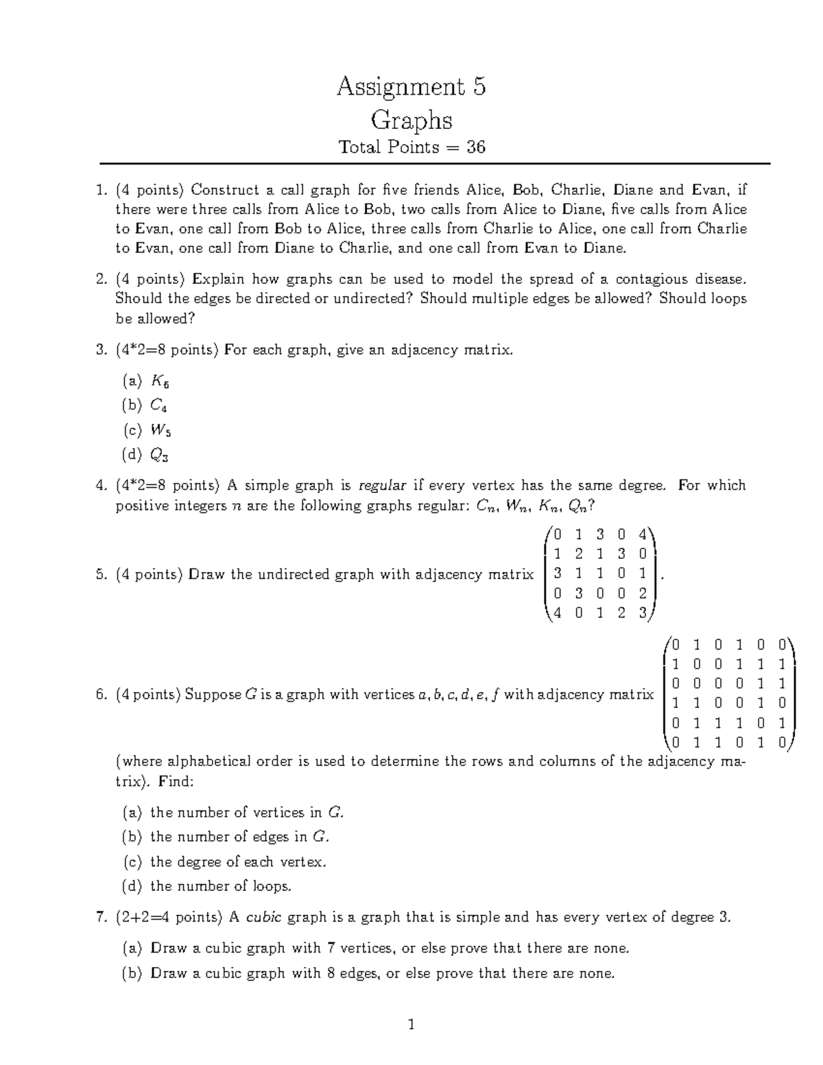 Assignment 5 - (4 points) Explain how graphs can be used to model the spread of a contagious ...