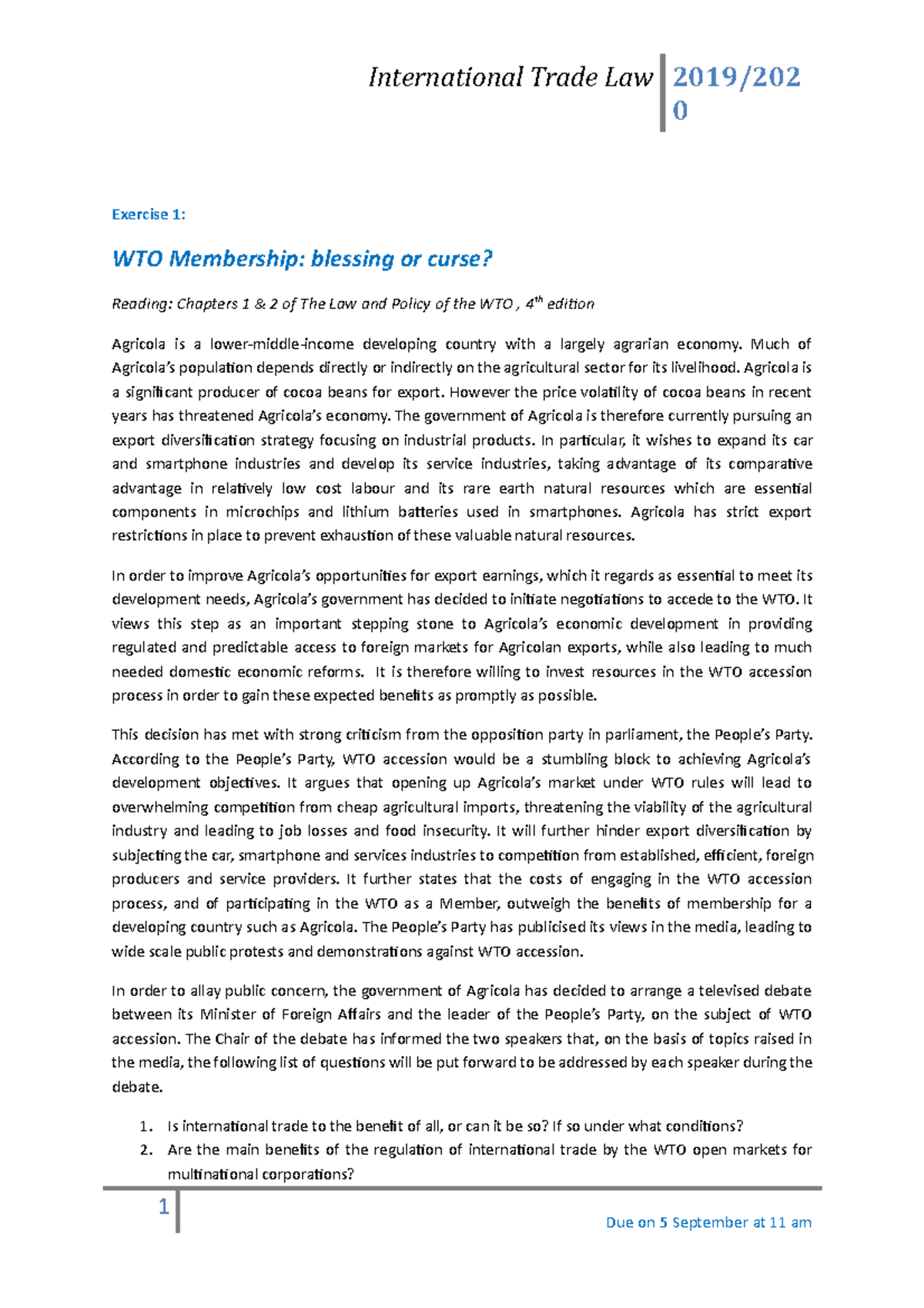 All Exercises of inter-trade law 2019 - 0 Exercise 1: WTO Membership ...
