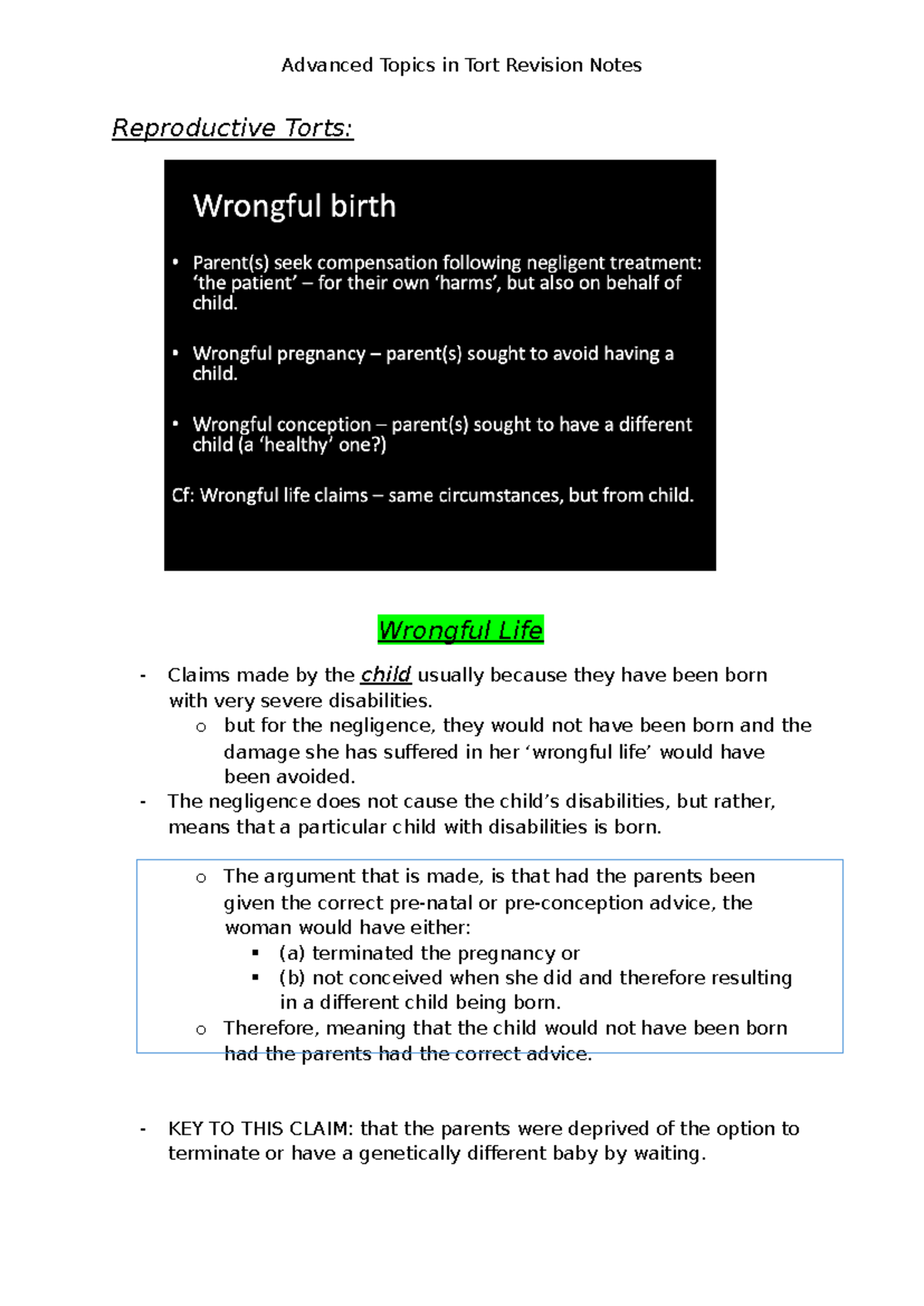 Advanced Topics in Tort Revision Notes - Reproductive Torts: Wrongful ...