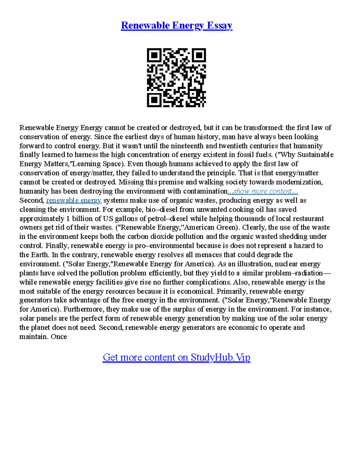 Renewable Energy Essay - Renewable Energy Essay Renewable Energy Energy ...