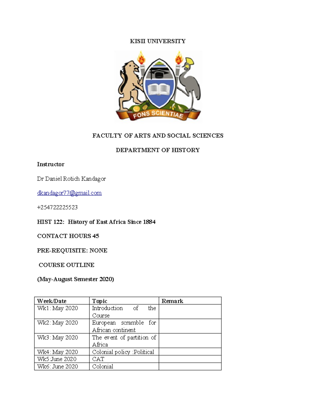 HIST 122 - Lectures - KISII UNIVERSITY FACULTY OF ARTS AND SOCIAL ...