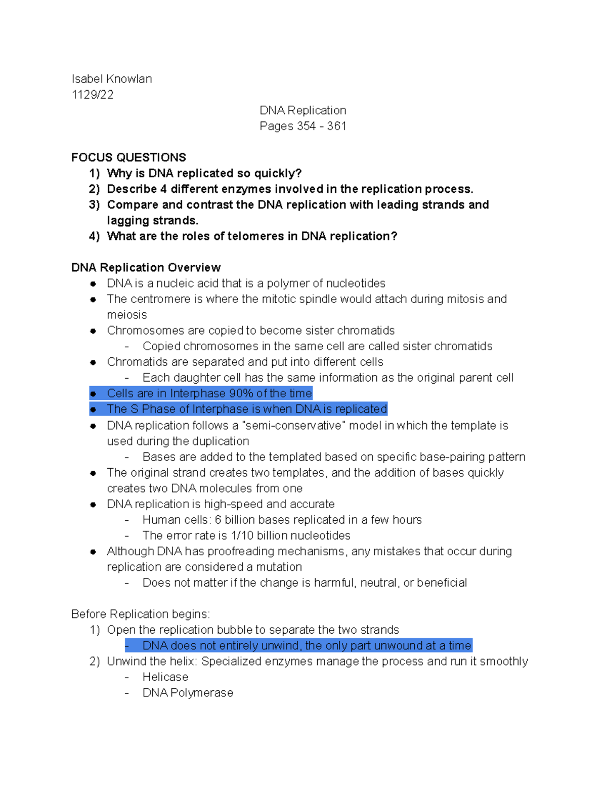General Biology 1 Notes - Isabel Knowlan 1129/ DNA Replication Pages ...