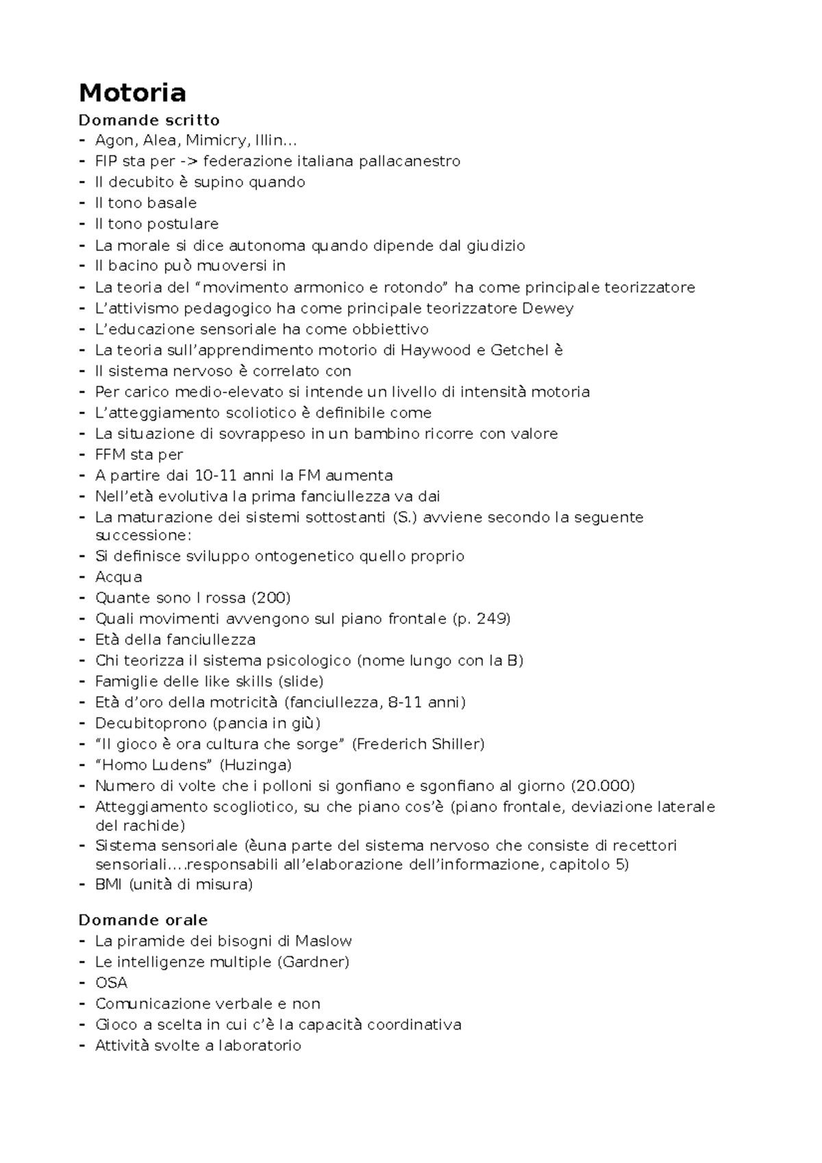 Domande Esami Motoria - Motoria Domande scritto - Agon, Alea, Mimicry ...