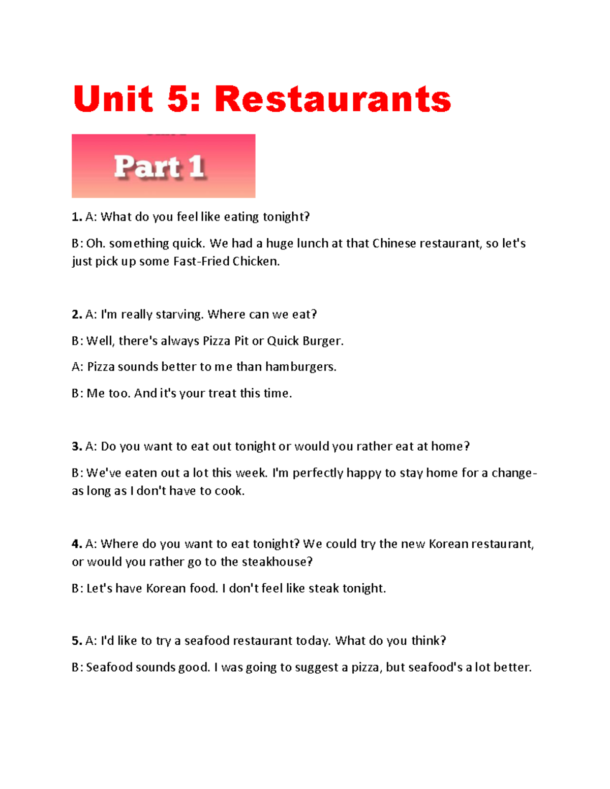 Unit 5 Restaurant - Summary English language and literature - Unit 5 ...