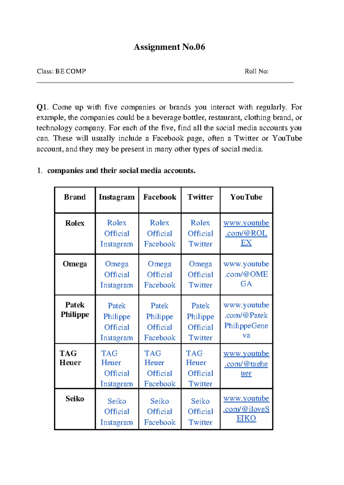 SMA assin 6 - SMA assignments - Assignment No. Class: BE COMP Roll No ...