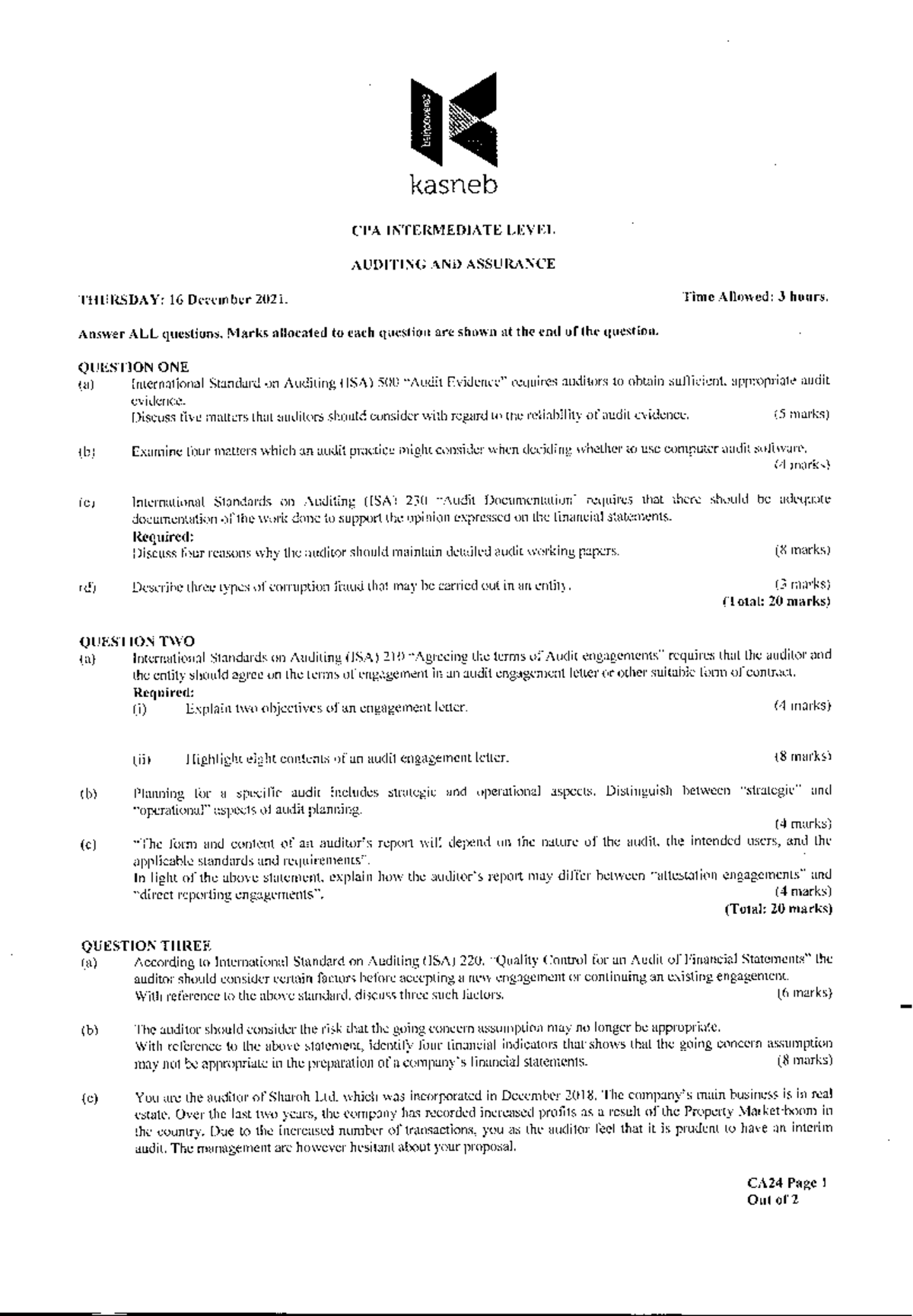 AA3 - kasneb past paper - Audit and Assurance - Studocu