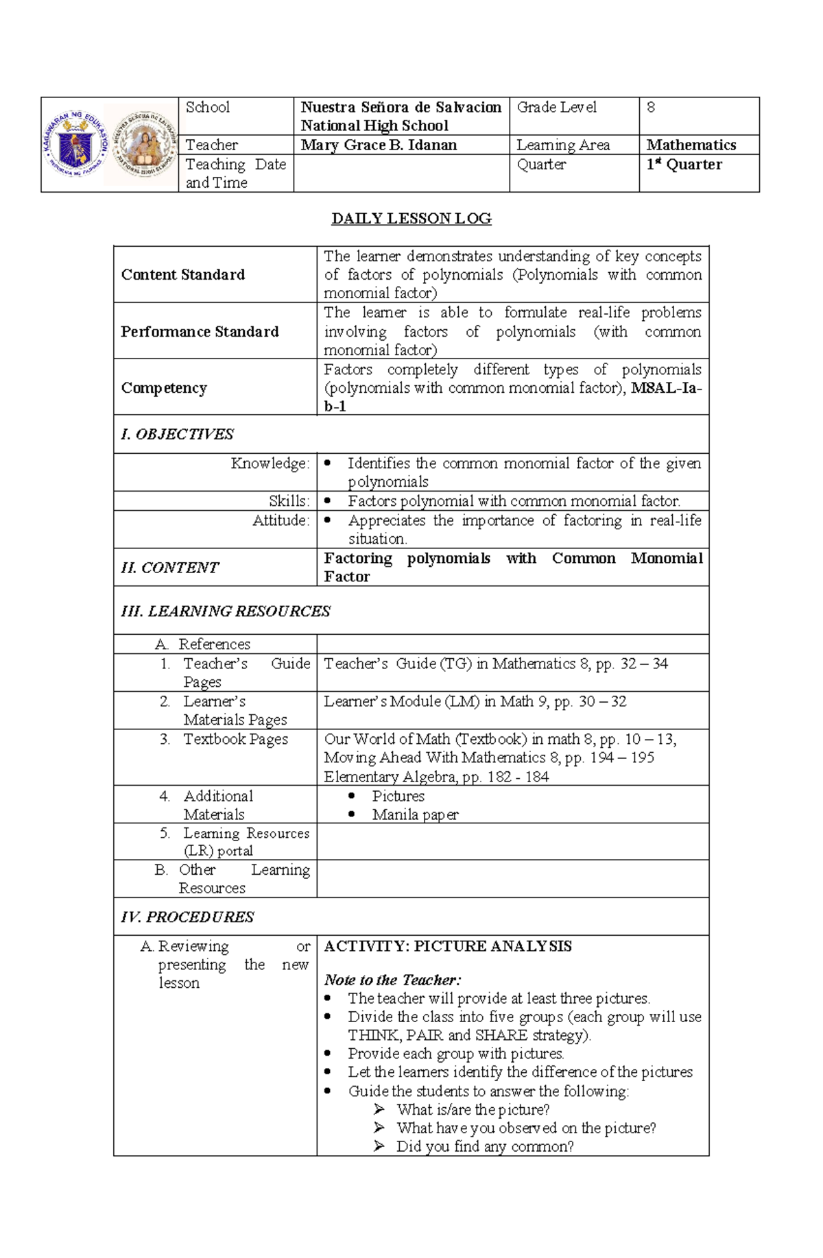 DLL MATH 8 D1 - math 8 daily lesson log quarter 1 day 1 - School ...
