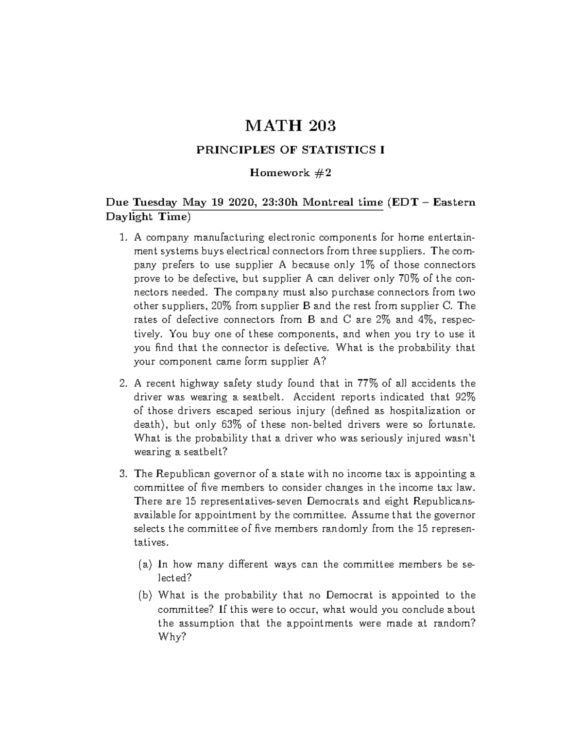 HW-2-S2020 - Mandatory Assignment 2-Summer 2020 - MATH 203 PRINCIPLES ...