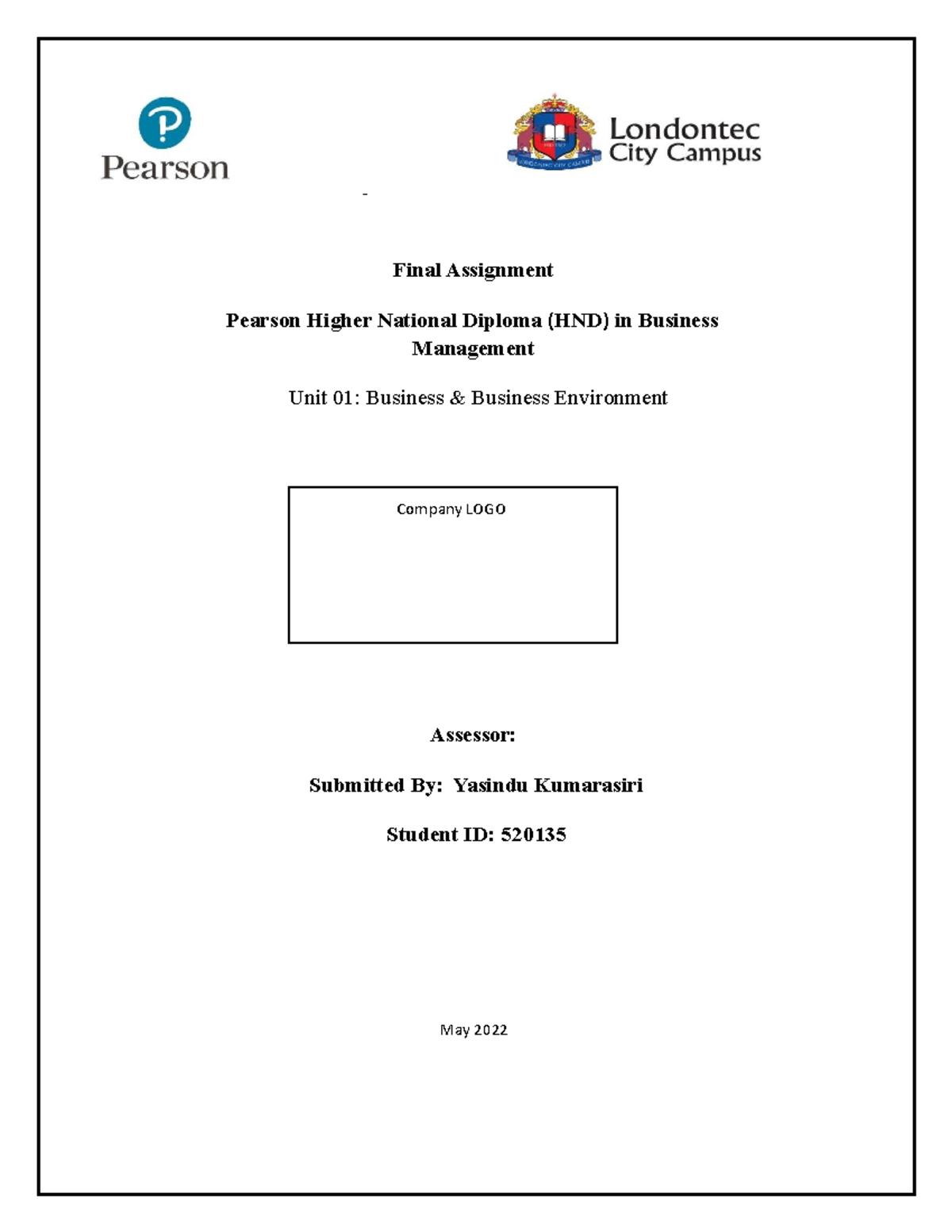Yasind Kumarasiri Unit 01 - Final Assignment Pearson Higher National ...