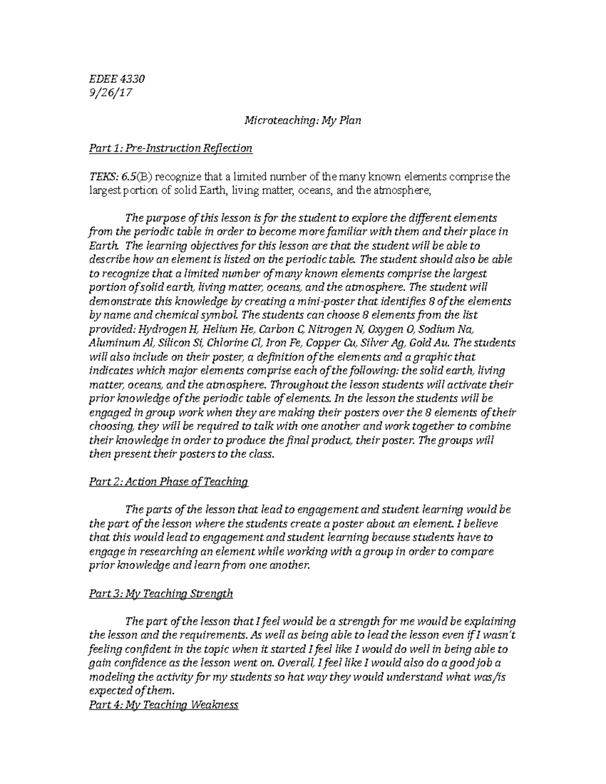 Microteaching self-reflection - EDEE 4330 Microteaching: My Plan Part 1 ...
