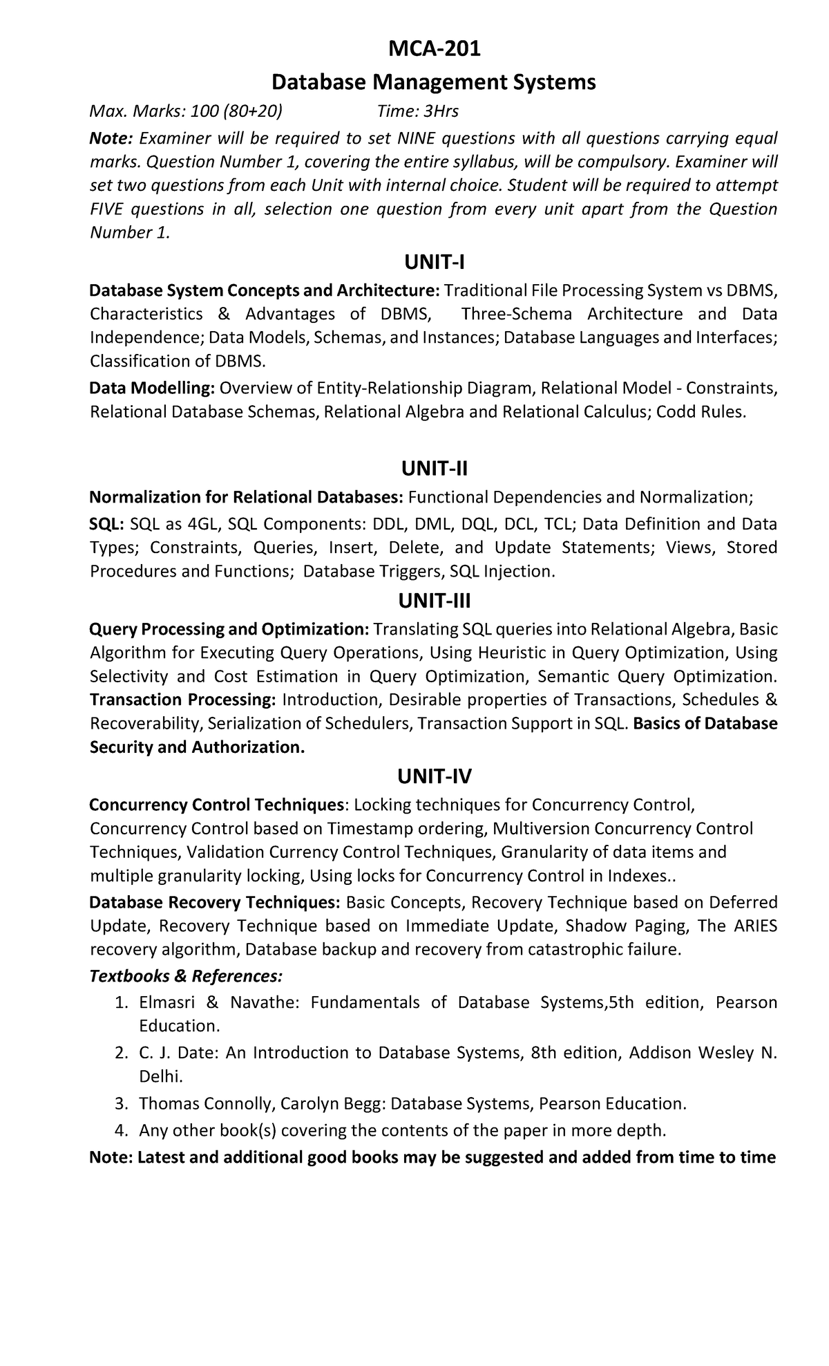 Detailed Syllabus New 2nd Sem - MCA- Database Management Systems Max. Marks: 100 (80+20) Time ...