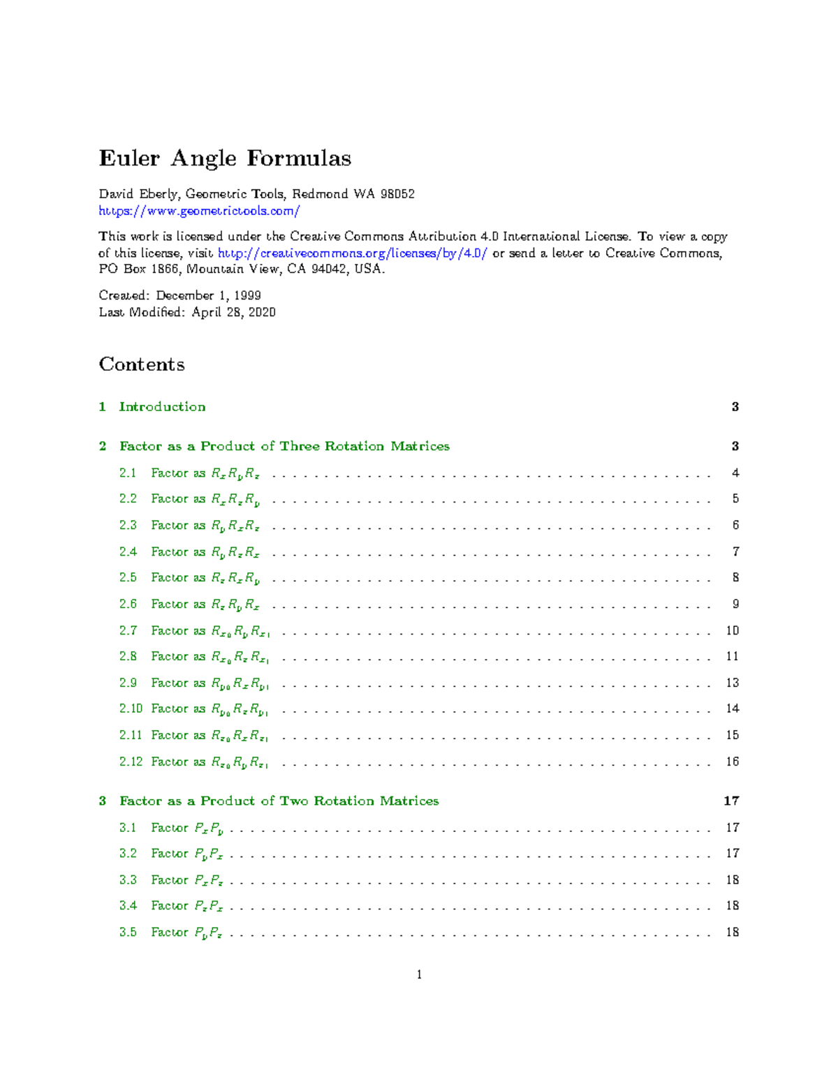 Euler Angles - N/A - Euler Angle Formulas geometrictools/ This work is ...