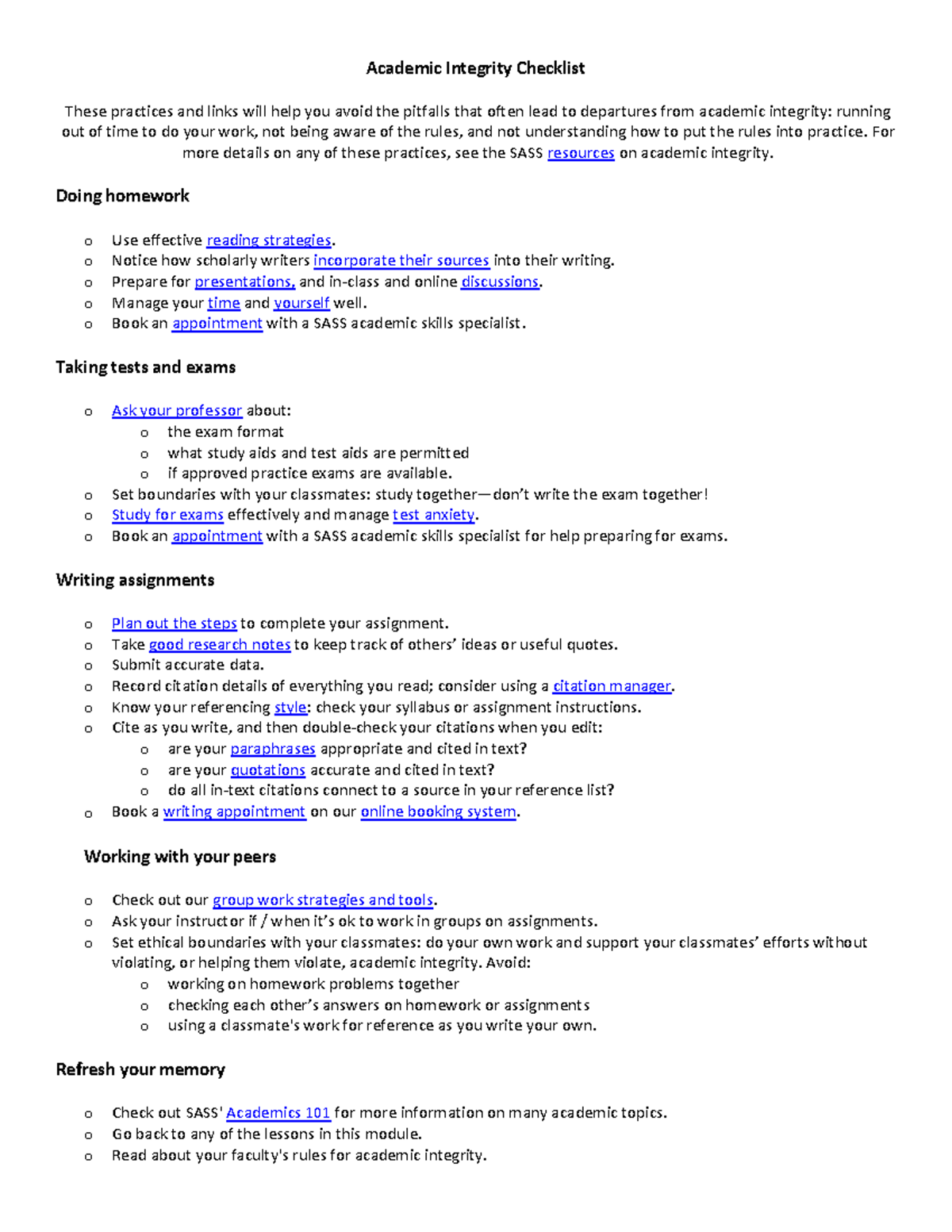 Academic Integrity Checklist - For more details on any of these ...