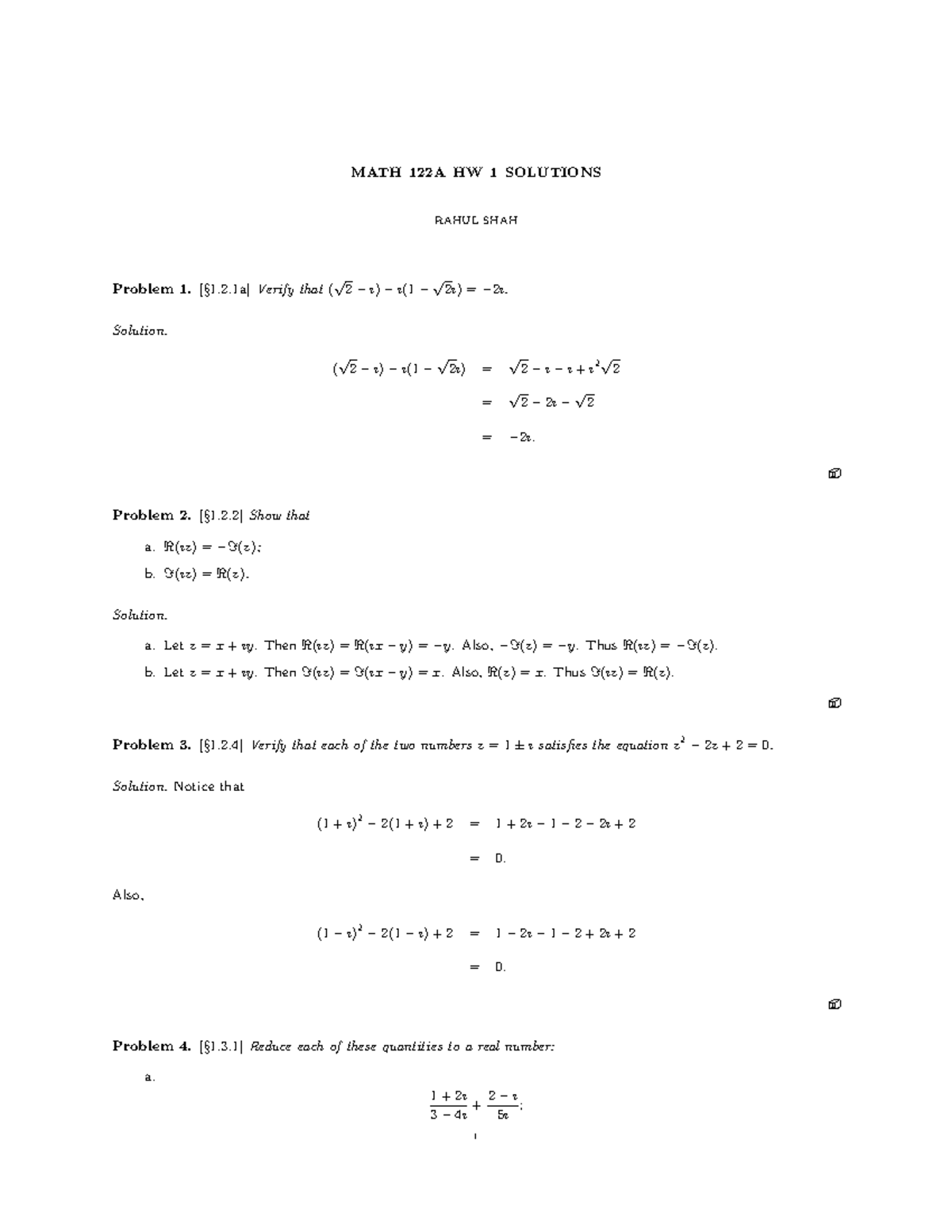 Homework solutions - assignment - ####### MATH 122A HW 1 SOLUTIONS ...