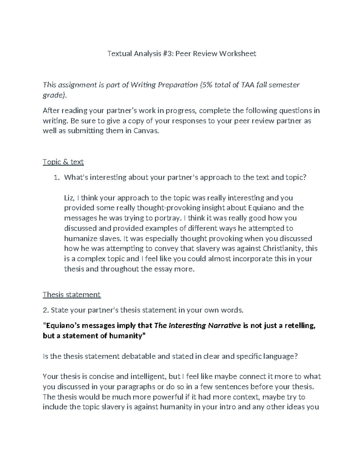 TA3+Peer+Review - Idk - Textual Analysis #3: Peer Review Worksheet This ...